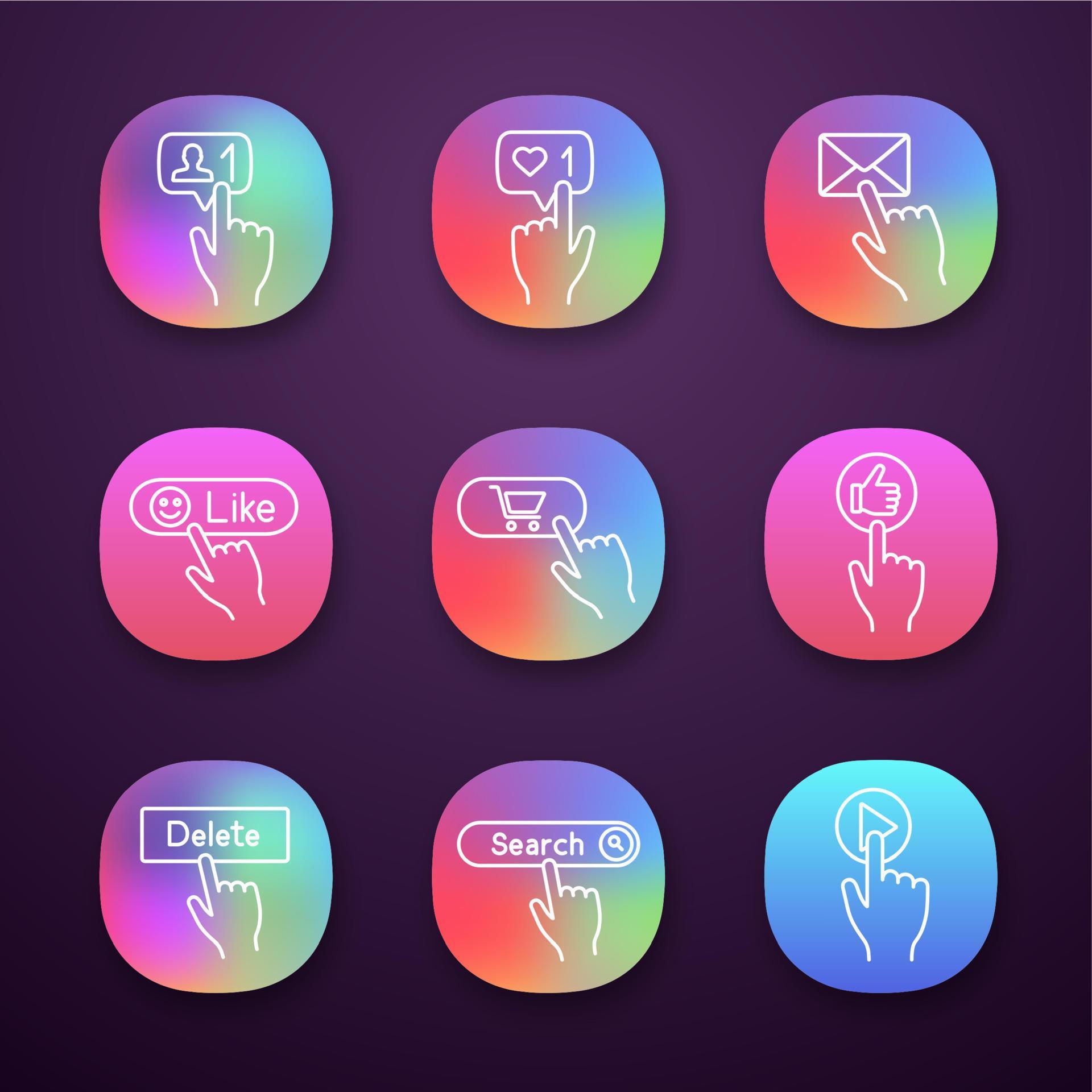 App buttons icons set. Click. New follower, likes counter, message, like, buy, thumb up, delete ...