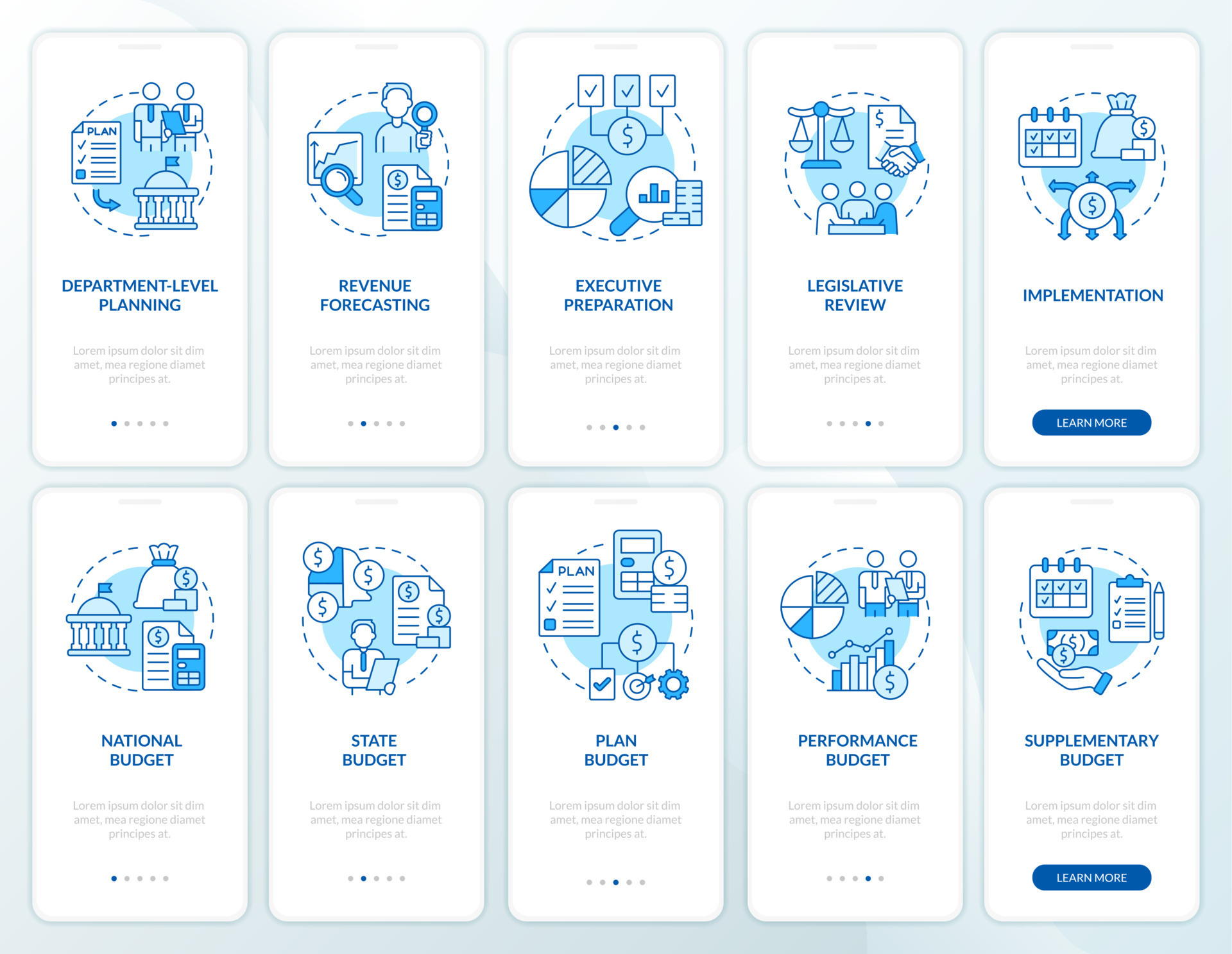 State And Government Budgeting Blue Onboarding Mobile App Screen Set Walkthrough 5 Steps