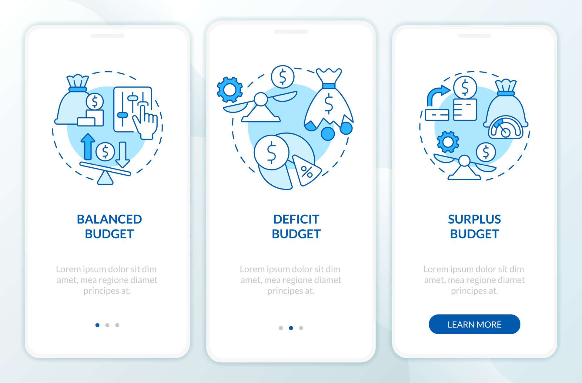 Budget Classification Blue Onboarding Mobile App Screen Financial Plan Walkthrough 3 Steps