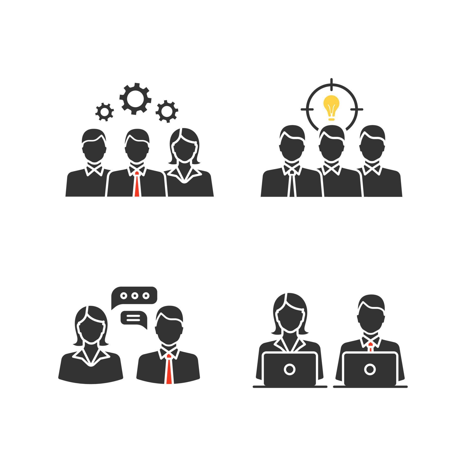 Teamwork glyph icons set. Collective solving problem, team brainstorming, coworking, job ...