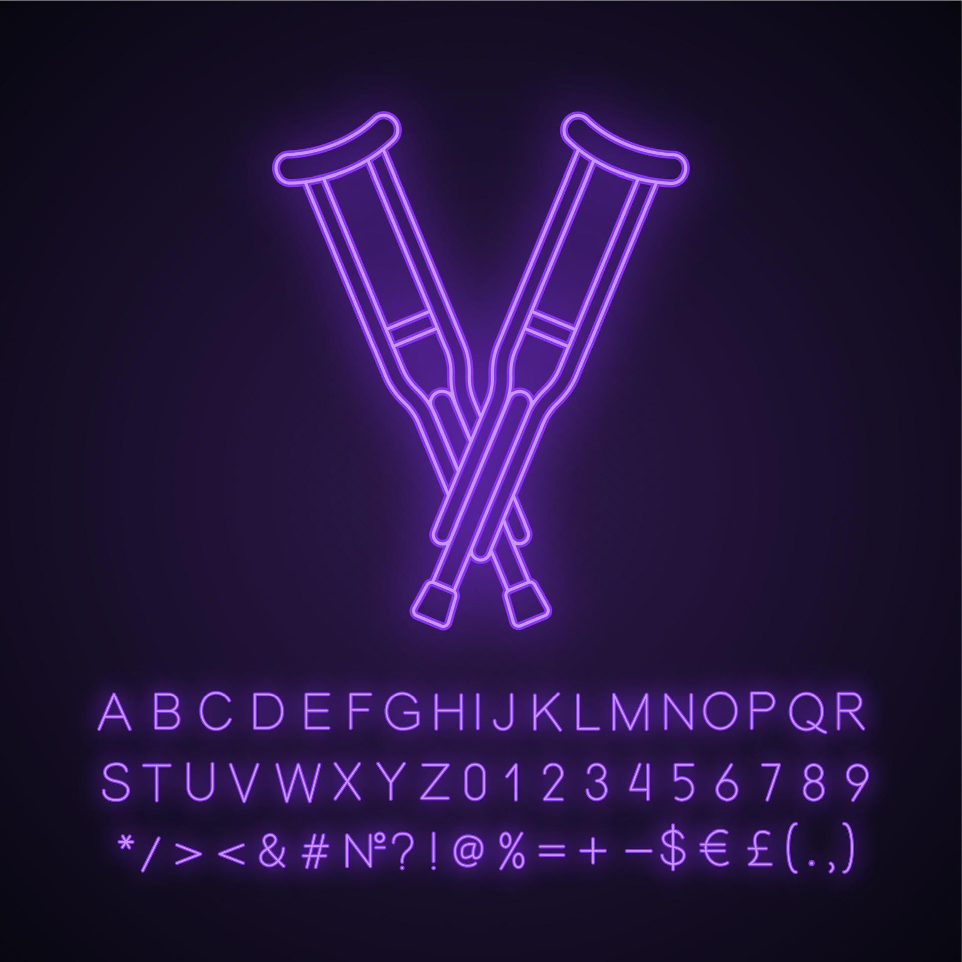 Axillary Crutches Neon Light Icon Underarm Crutches Mobility Aid Glowing Sign With Alphabet