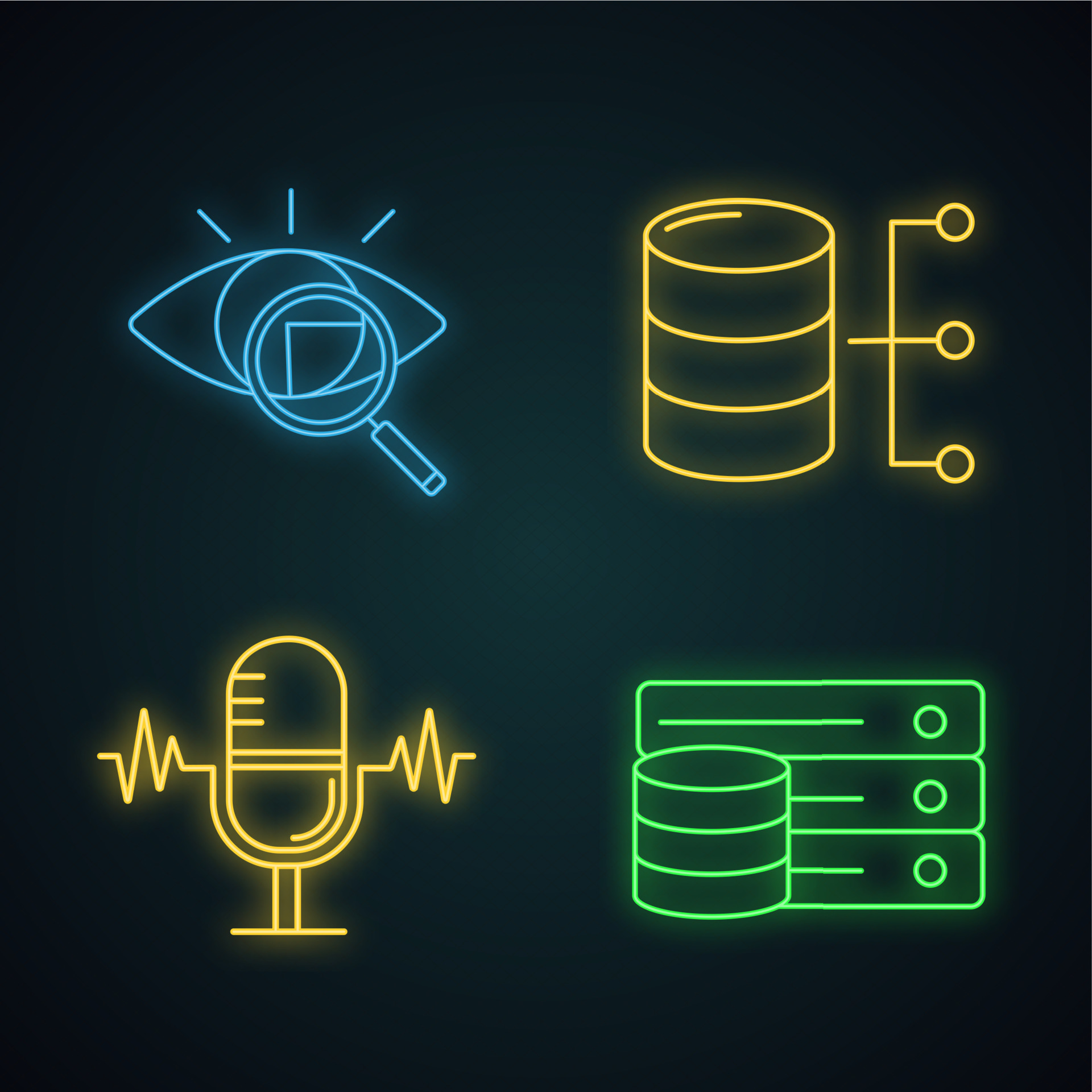 Machine Learning Neon Light Icons Set Retina Scan Relational Database Voice Recognition