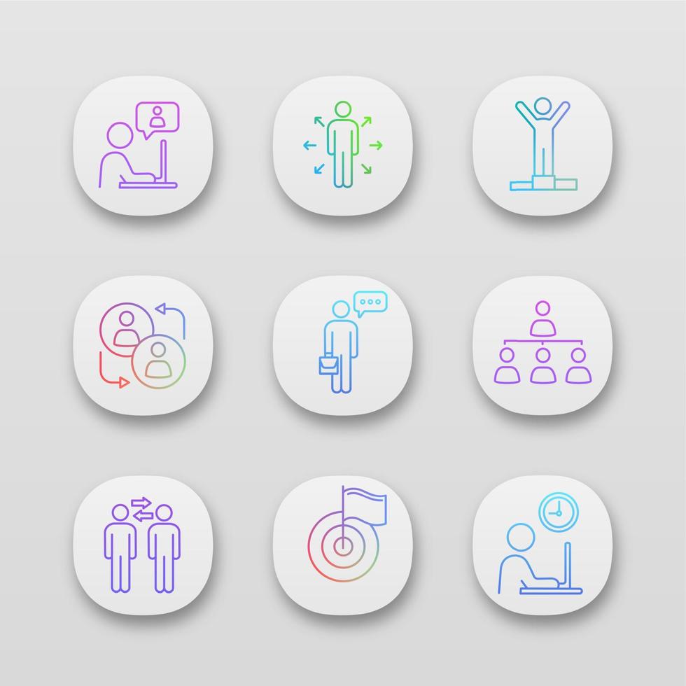 Business management app icons set. UI UX user interface. Chatting, decision, success ...
