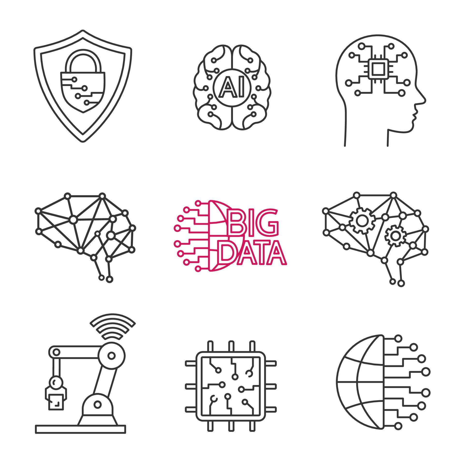 Artificial intelligence linear icons set. Neurotechnology ...