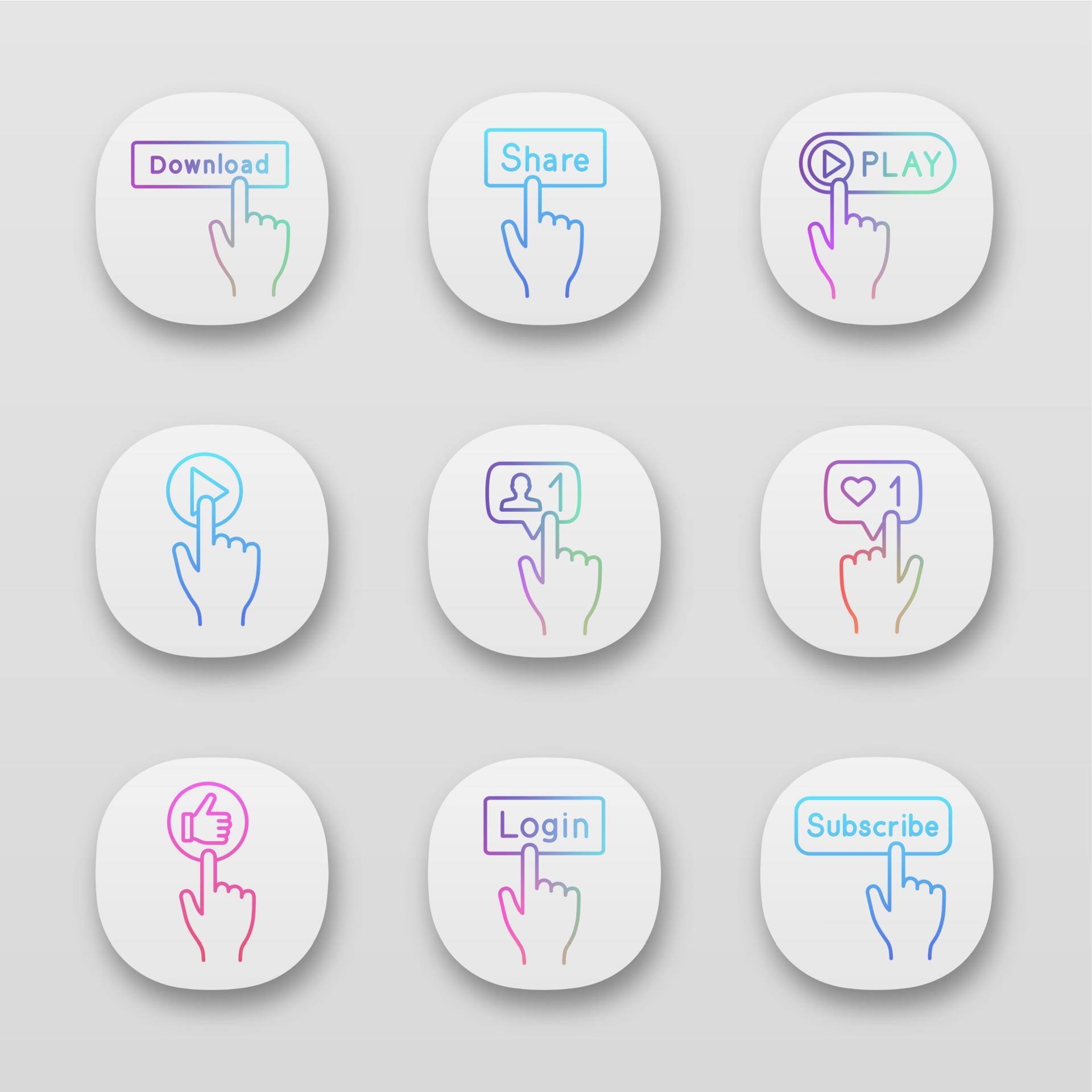Click app icons set. Download, share, play, launch, new follower, likes counter, login, thumb up ...