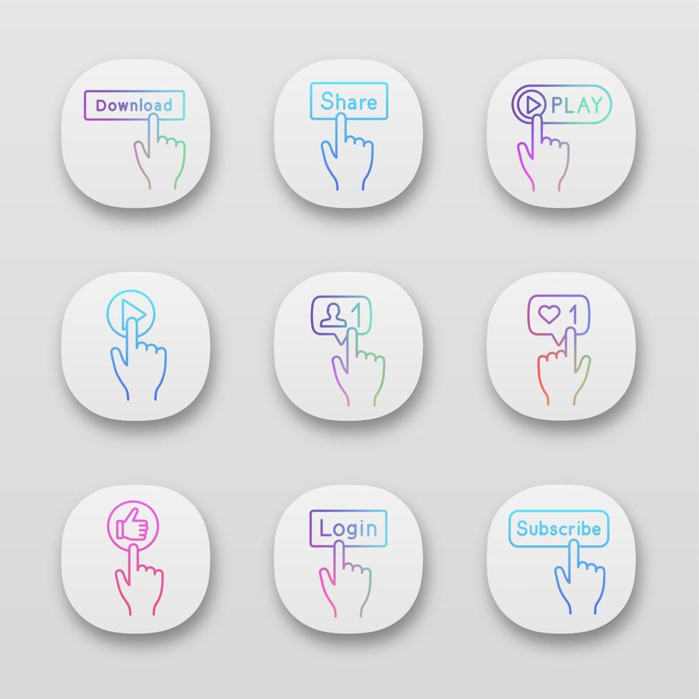 Click App Icons Set Download Share Play Launch New Follower Likes Counter Login Thumb Up