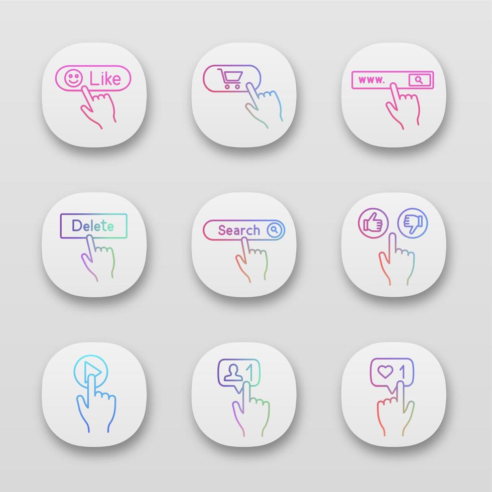 haga clic en conjunto de iconos de aplicaciones. me gusta, comprar, barra de búsqueda, eliminar ...