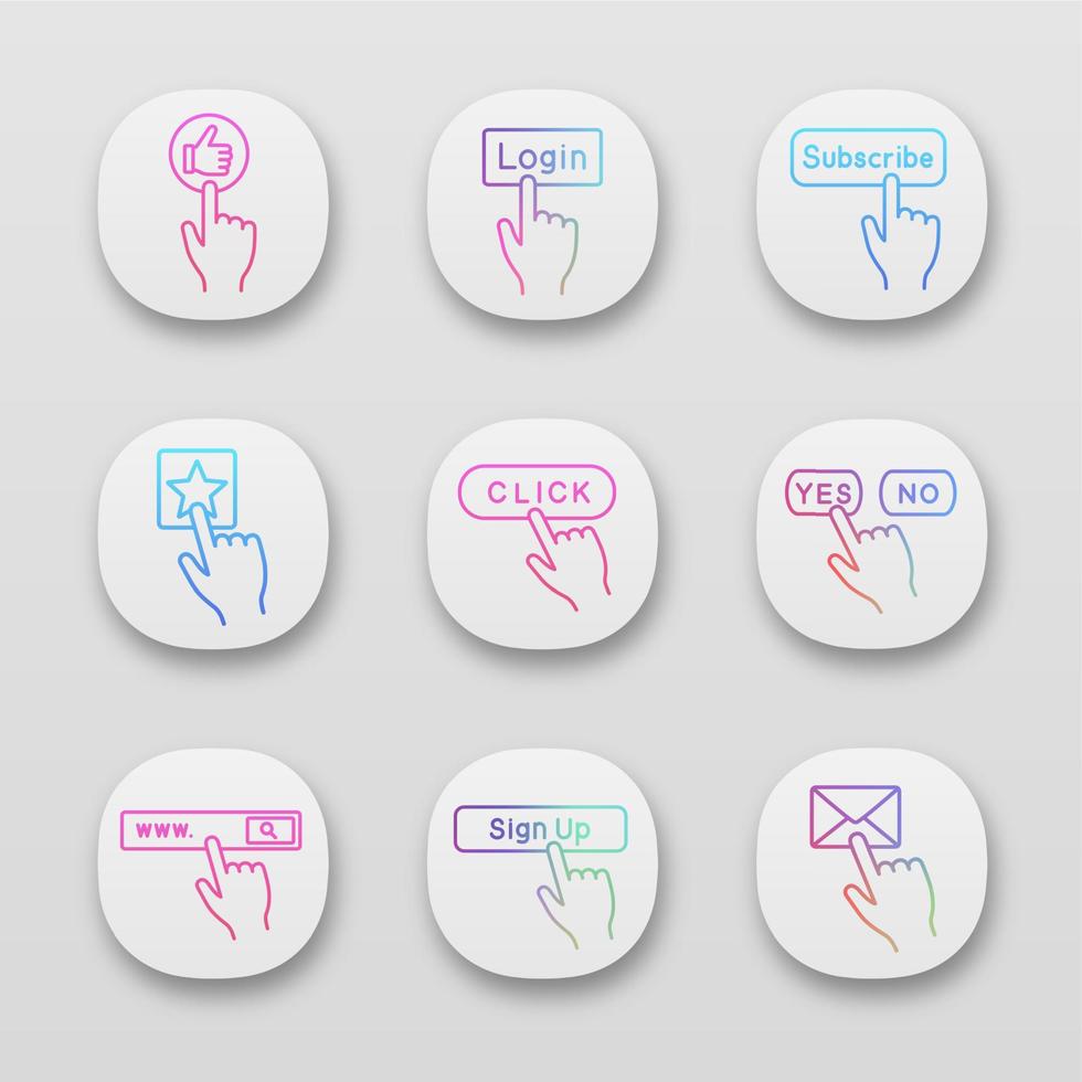 Click app icons set. Like, login, subscribe, add to favorite, yes or no, search bar, sign up ...