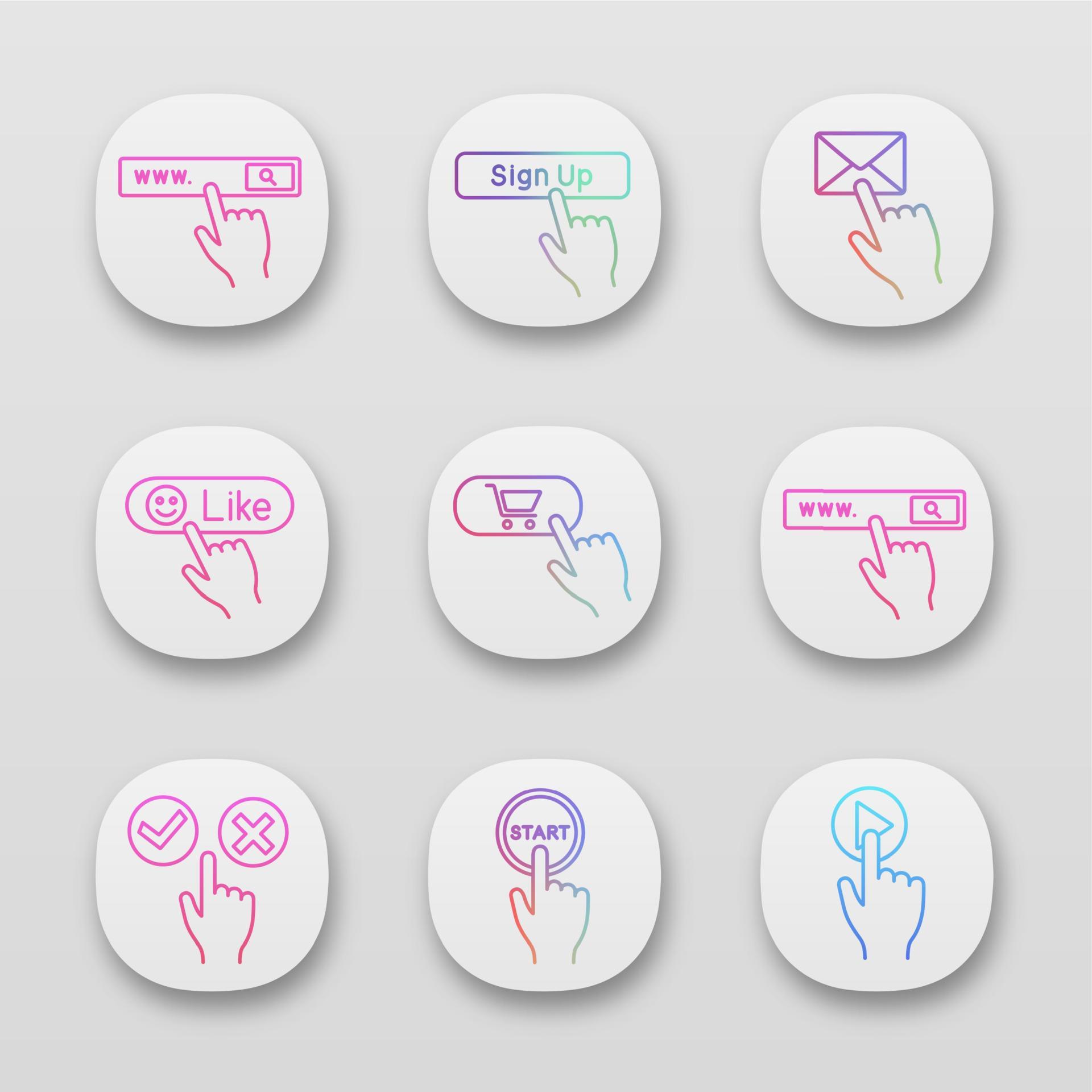 Click App Icons Set Search Bar Sign Up Message Like Buy Accept Or
