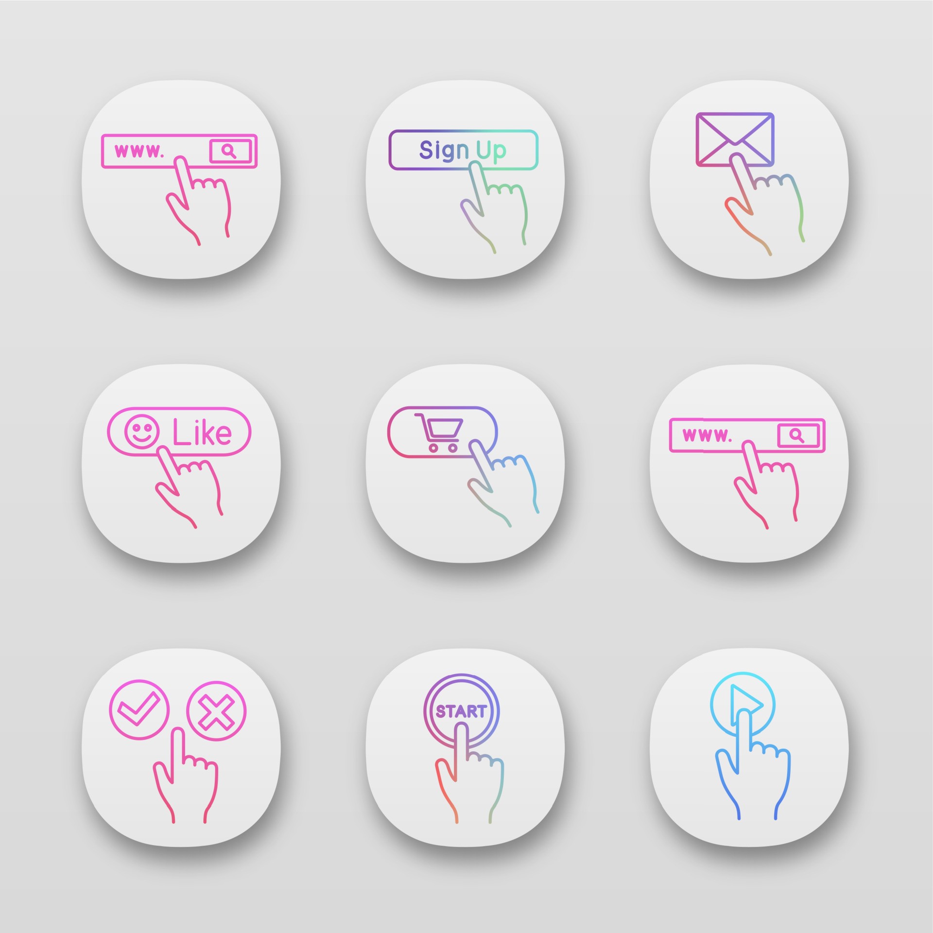 Click App Icons Set Search Bar Sign Up Message Like Buy Accept Or Decline Start Play Ui
