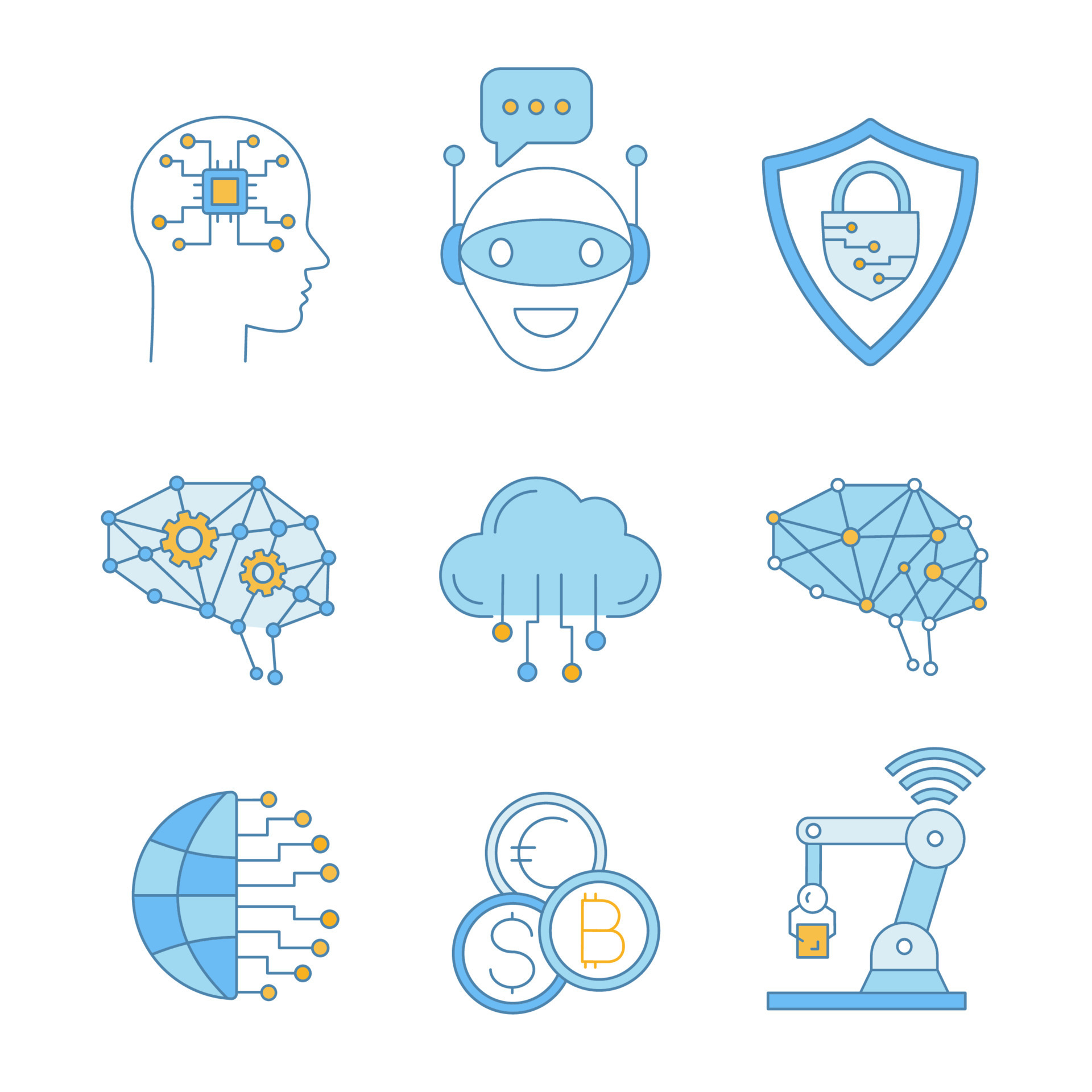 Artificial intelligence color icons set. AI. Chat bot, cybersecurity ...