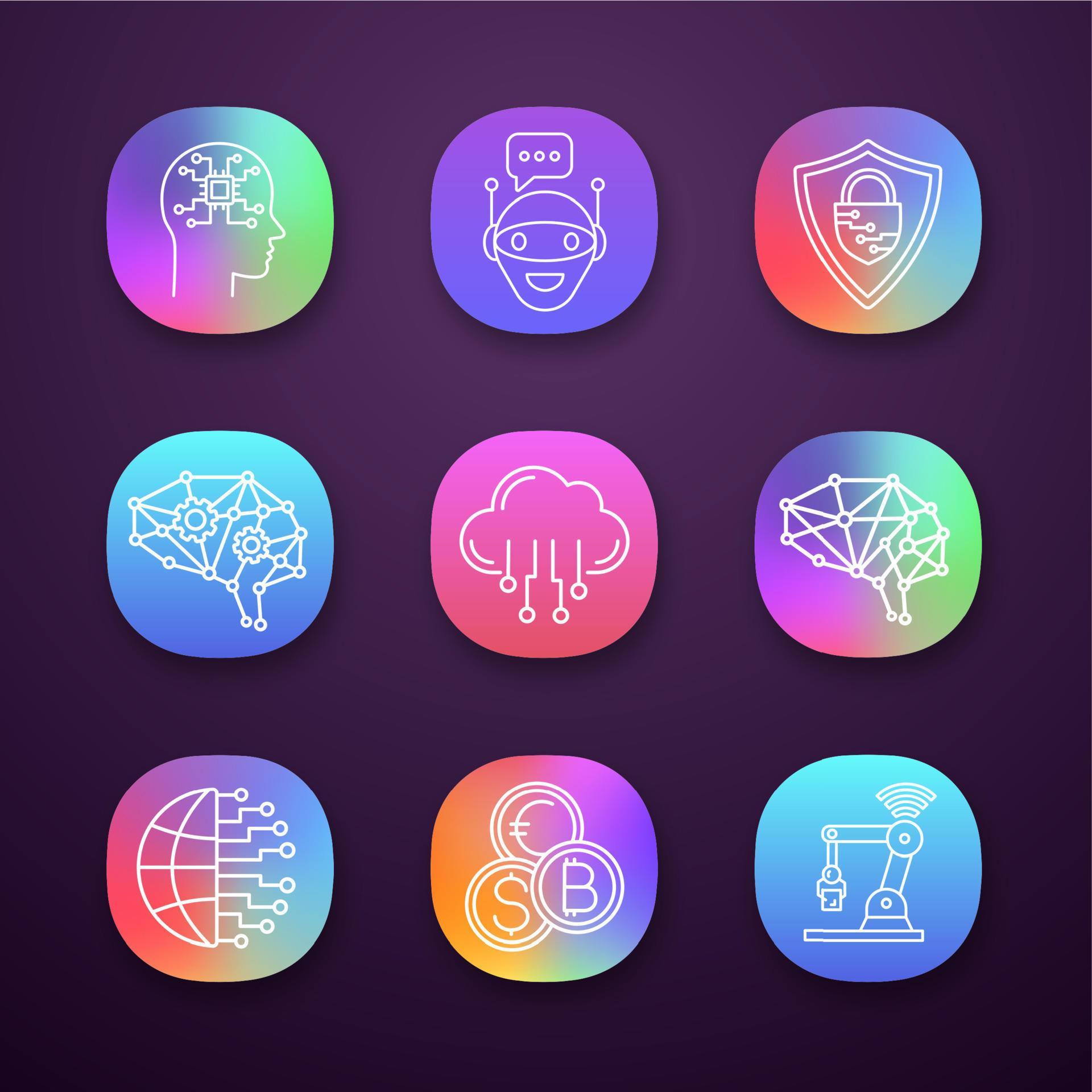 Artificial intelligence app icons set. UI UX user interface. AI. Chat bot, neurotechnology, big ...