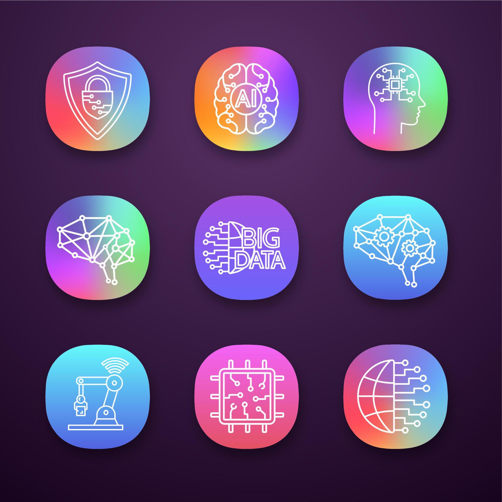 Artificial intelligence app icons set. UI UX user interface. Neurotechnology. AI, digital brain ...