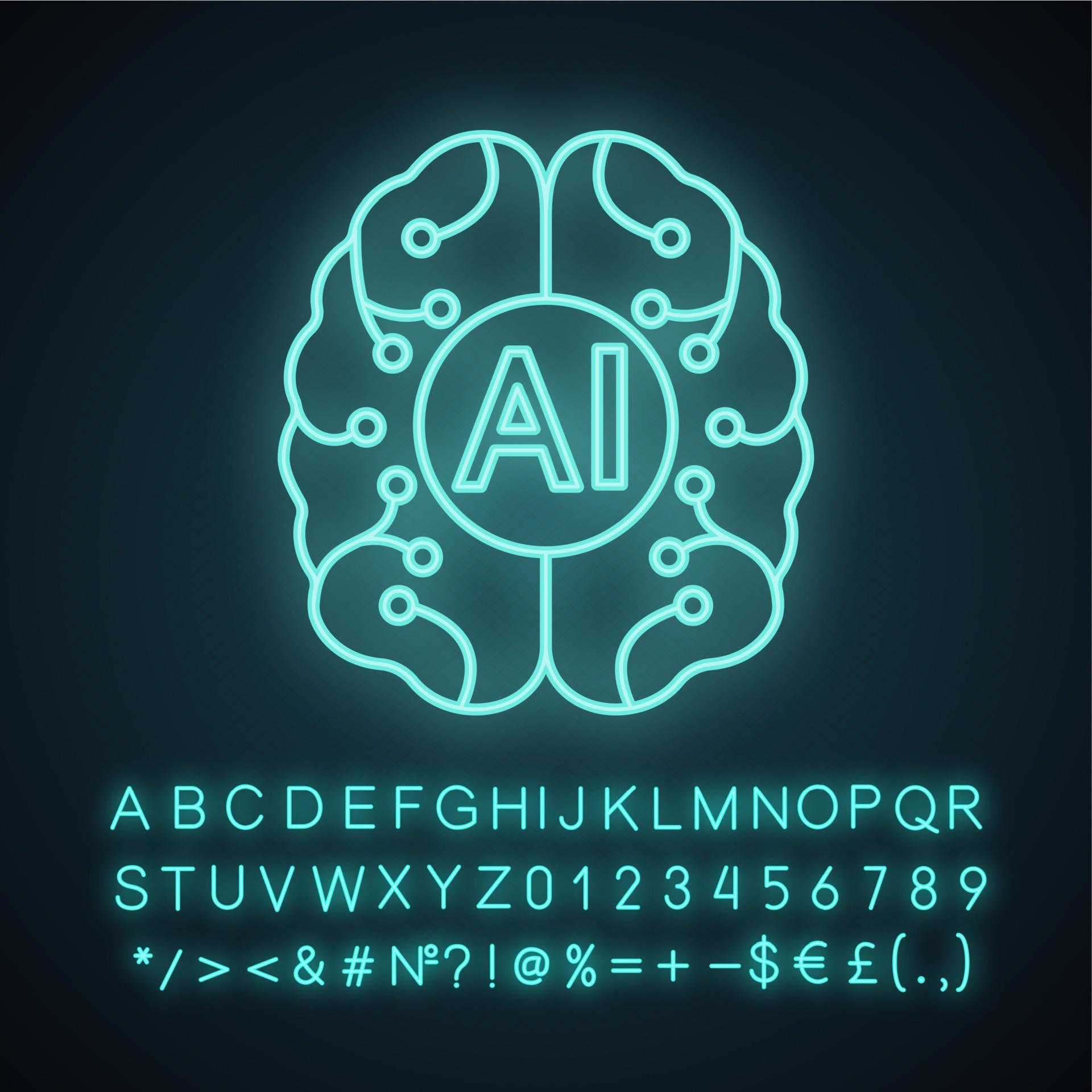 Artificial intelligence neon light icon. Digital brain. Neurotechnology. AI. Glowing sign with ...