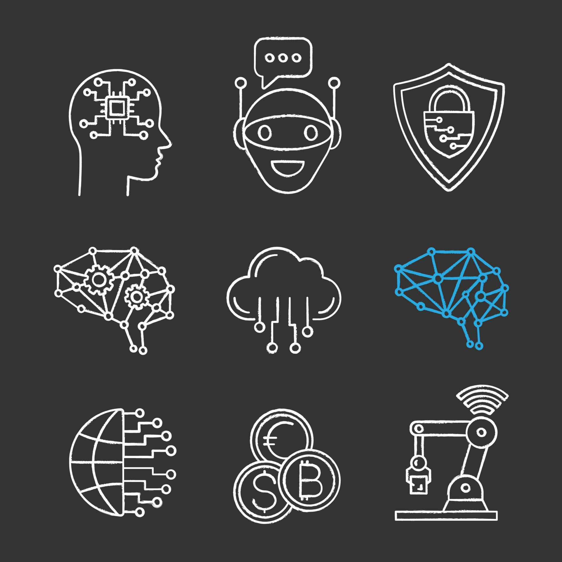 Artificial Intelligence Chalk Icons Set Ai Chat Bot Cybersecurity