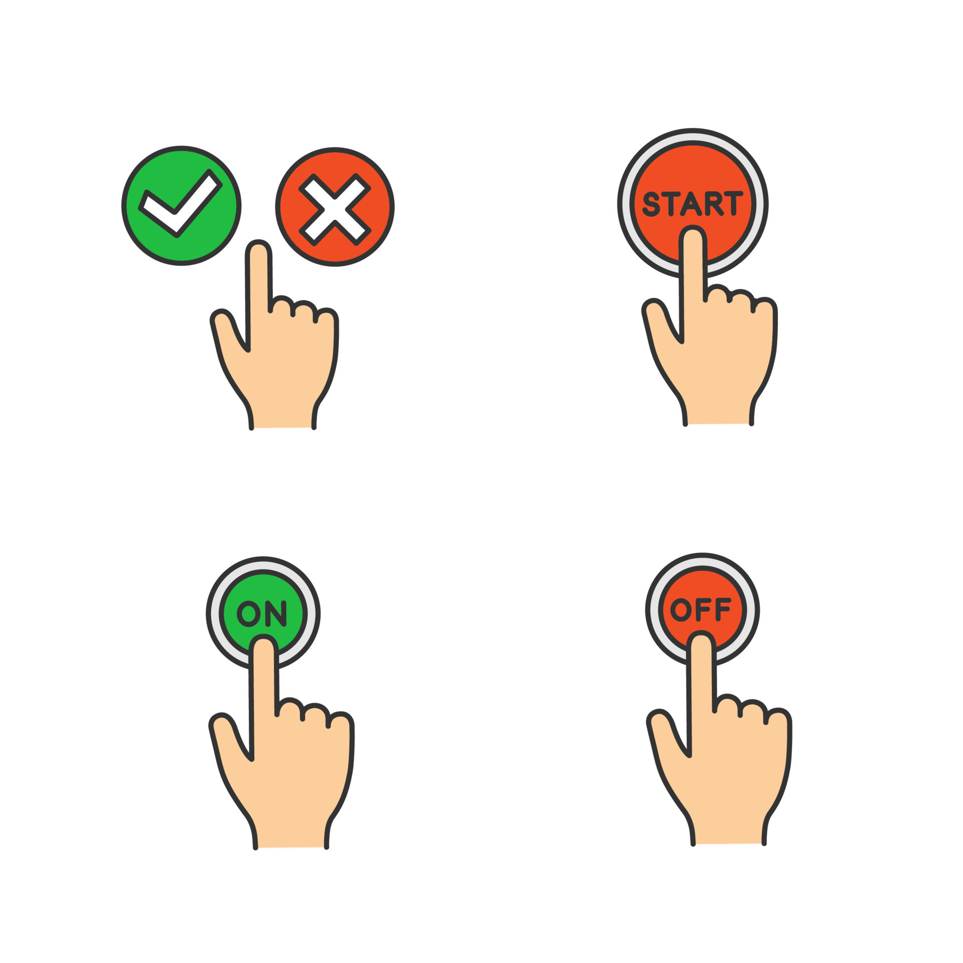 App buttons color icons set. Click. Accept and decline, start, turn on and off. Isolated vector ...