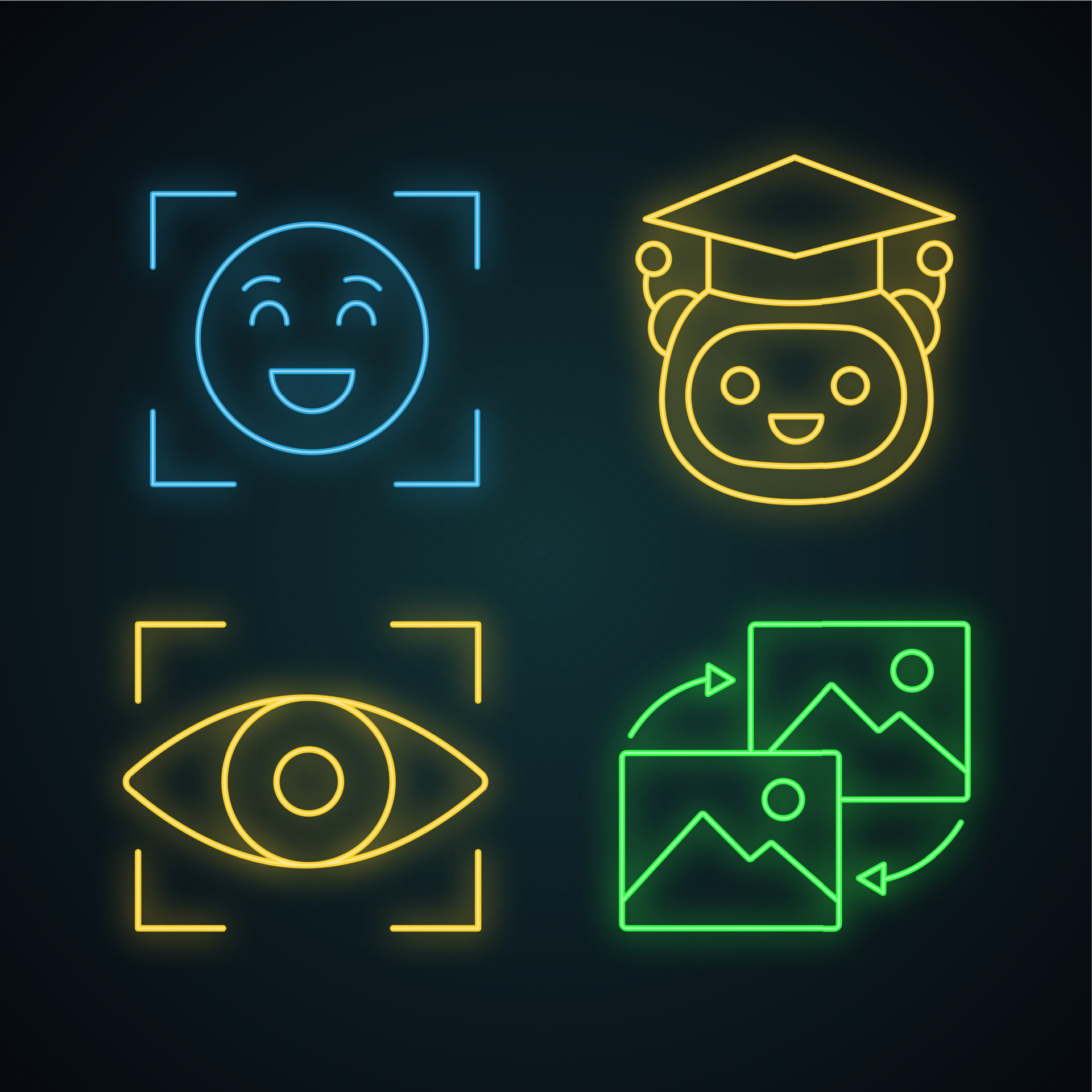 Machine Learning Neon Light Icons Set Emotion Detection Teacher Bot Retina Scan Data