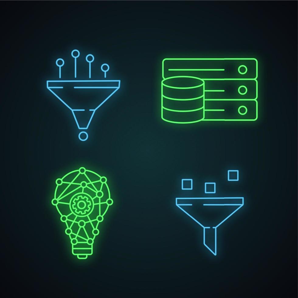 Machine learning neon light icons set. Data filtering, database ...