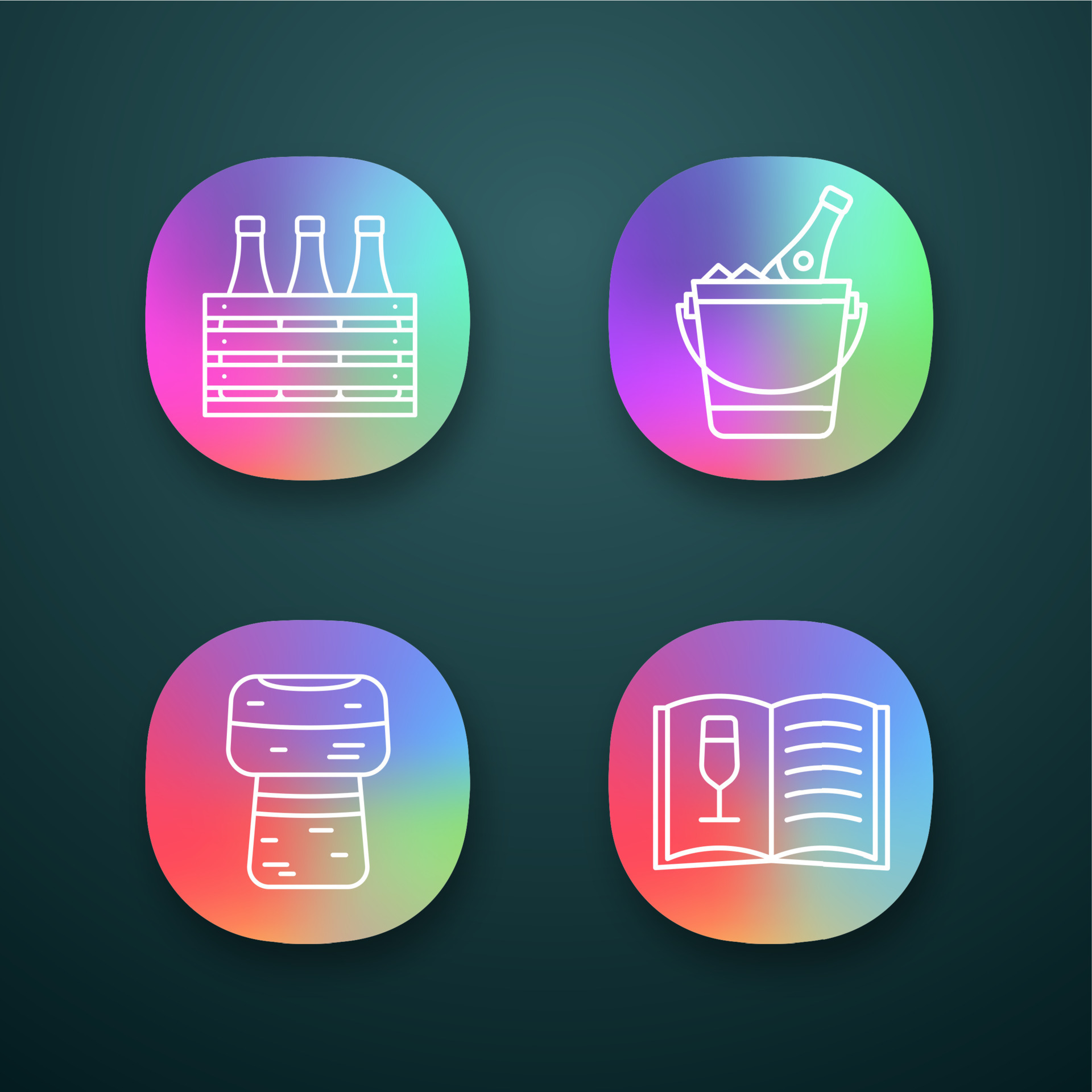 Alcohol App Icons Set Bar Wine Beer Case Champagne Bucket Cork