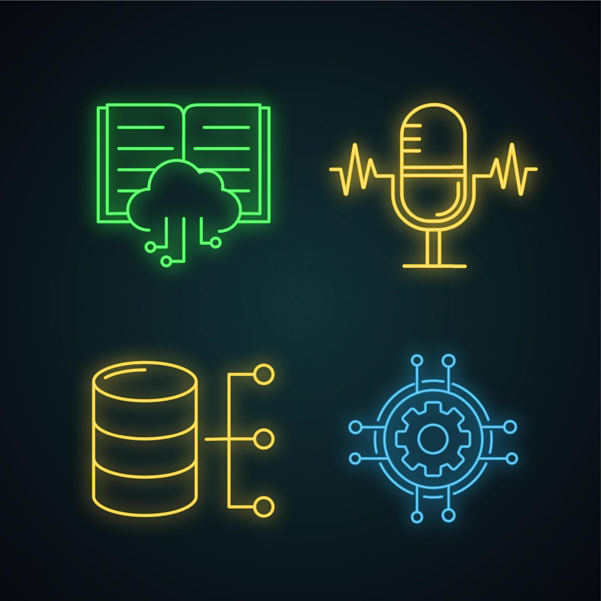 Machine learning neon light icons set. Voice recognition, cloud ...