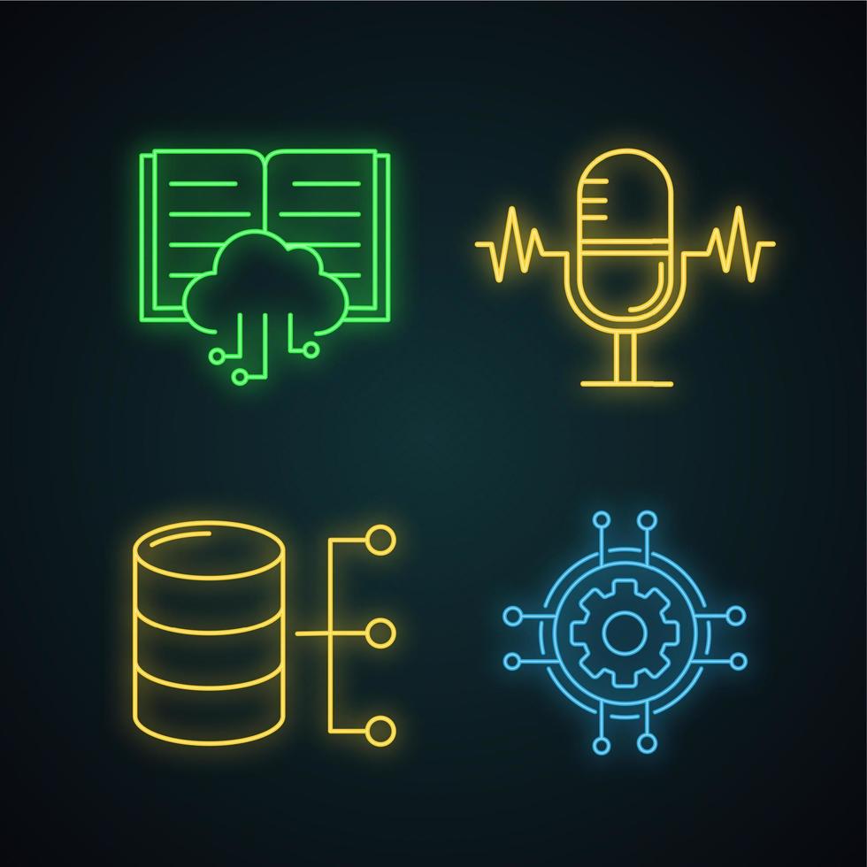 Machine Learning Neon Light Icons Set Voice Recognition Cloud Computing Relational Database