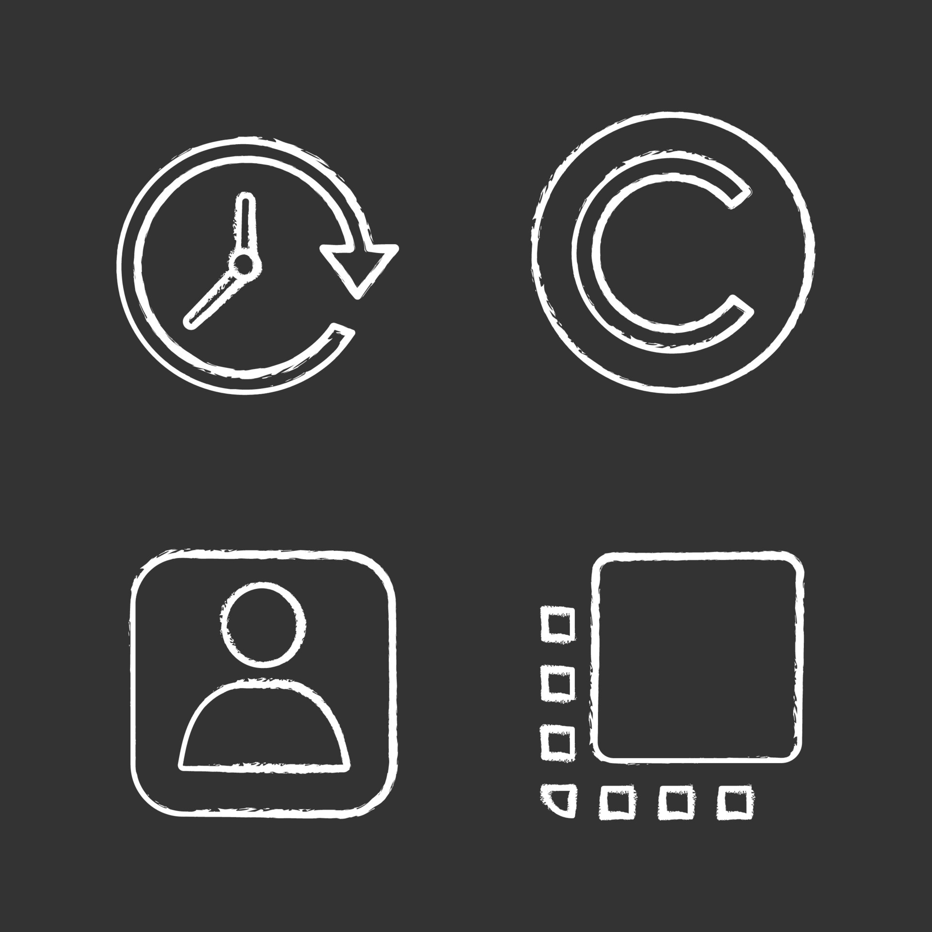 UI UX chalk icons set. Update, copyright, user account, flip to front ... UI UX chalk icons set. Update, copyright, user account, flip to front ...