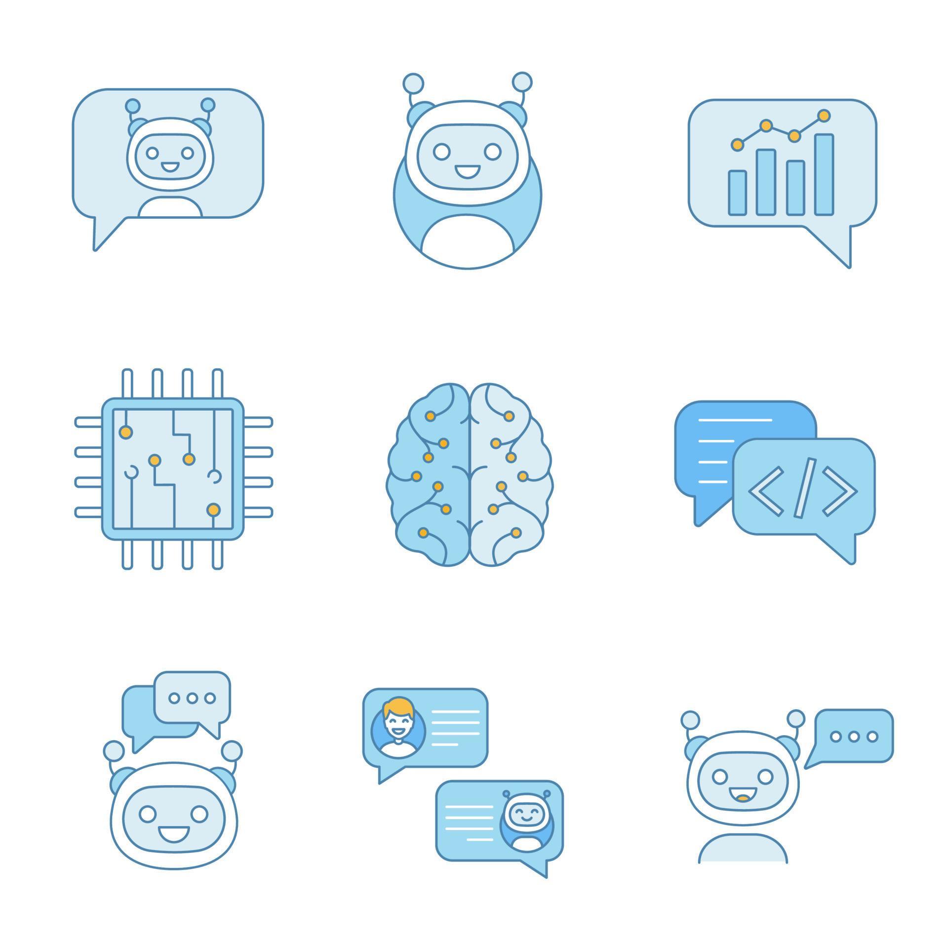 Chatbots color icons set. Talkbots. Support service, chat, messenger ...