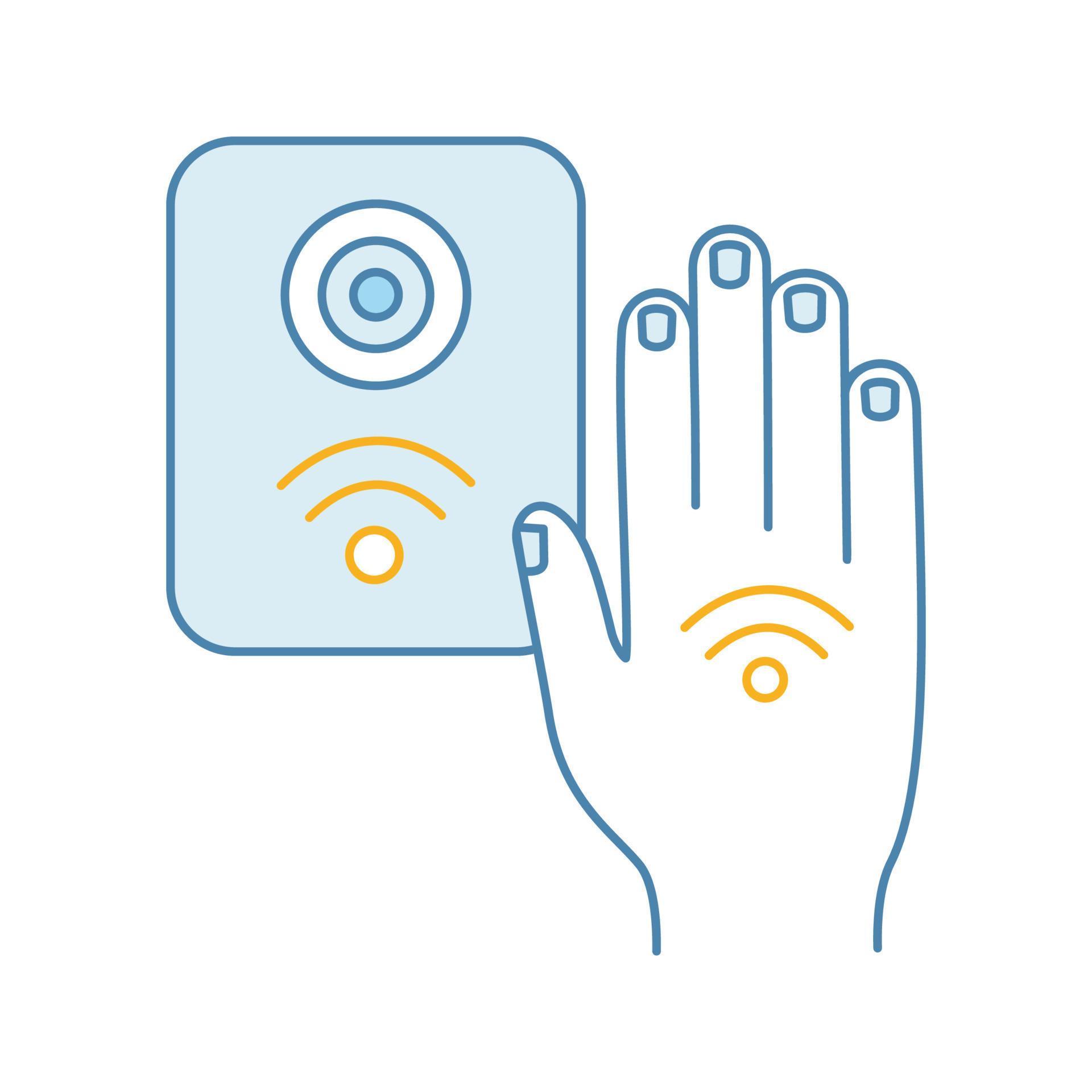 NFC reader color icon. RFID access control. NFC button and hand sticker. Near field ...