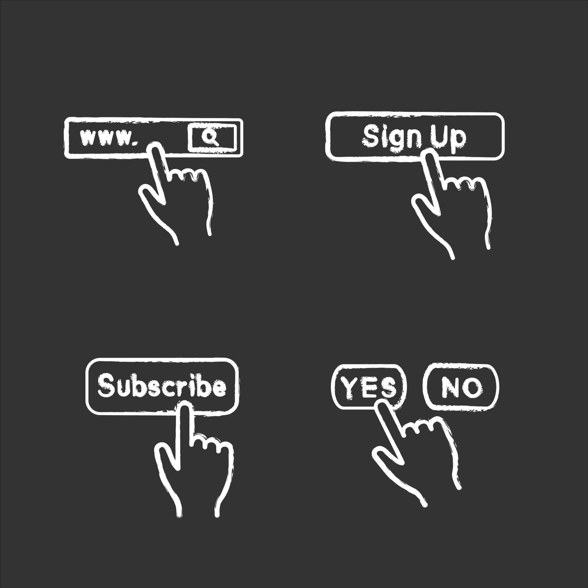 App buttons chalk icons set. Click. Search bar, sign up, subscribe, yes or no. Isolated vector ...