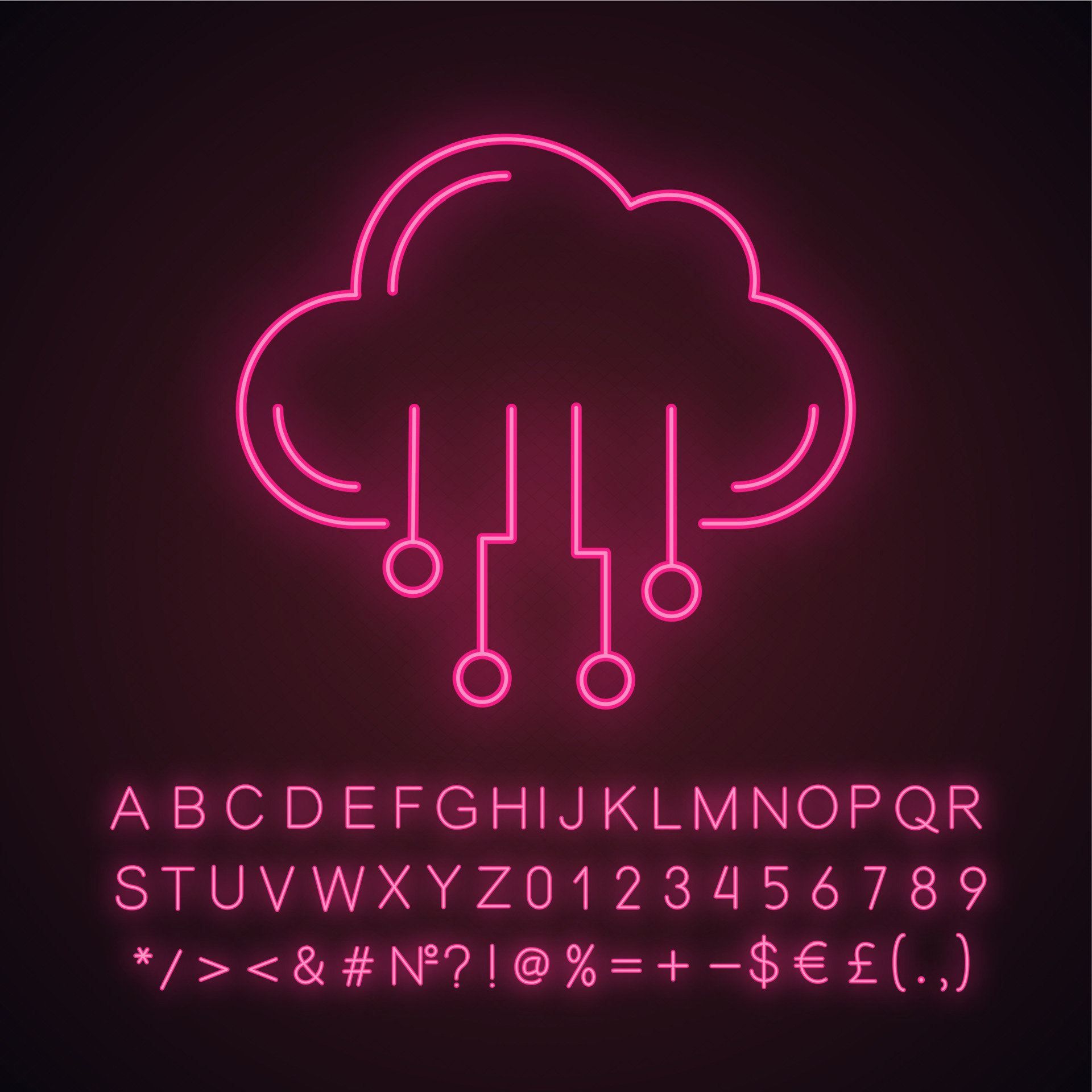 Cloud computing neon light icon. Data cloud. Artificial intelligence. Database. Big data ...