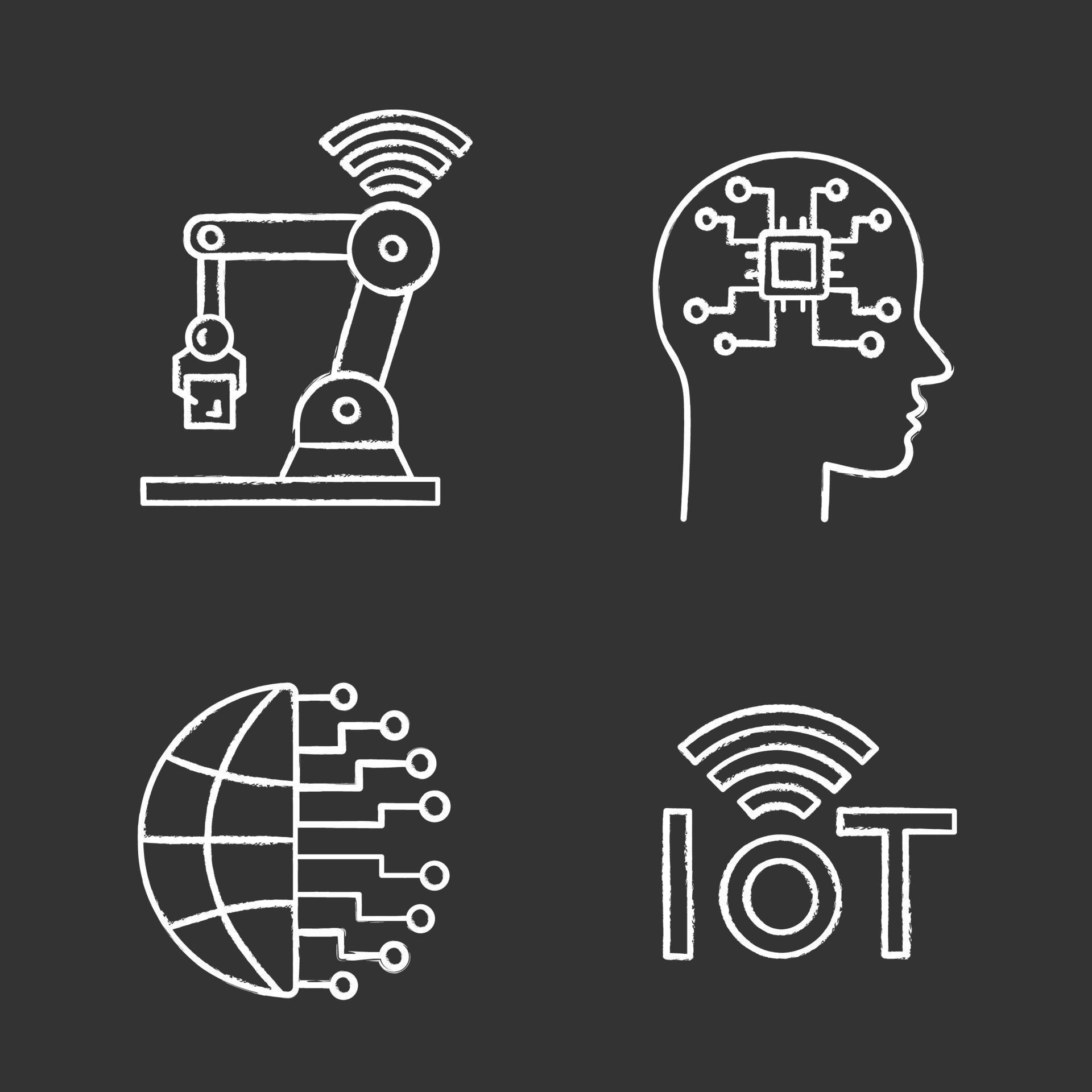 Artificial intelligence chalk icons set. Neural network. Neurotechnology. Internet of things ...