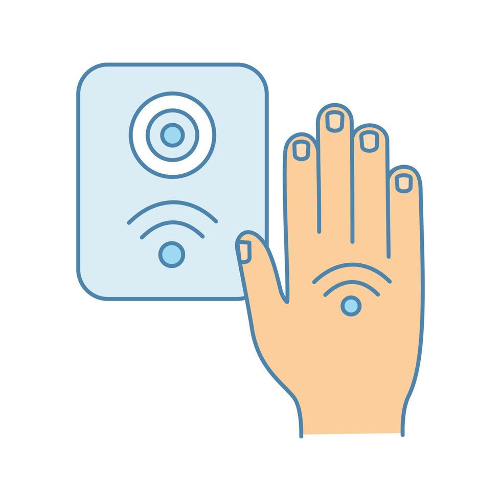 NFC reader color icon. RFID access control. NFC button and hand sticker. Near field ...
