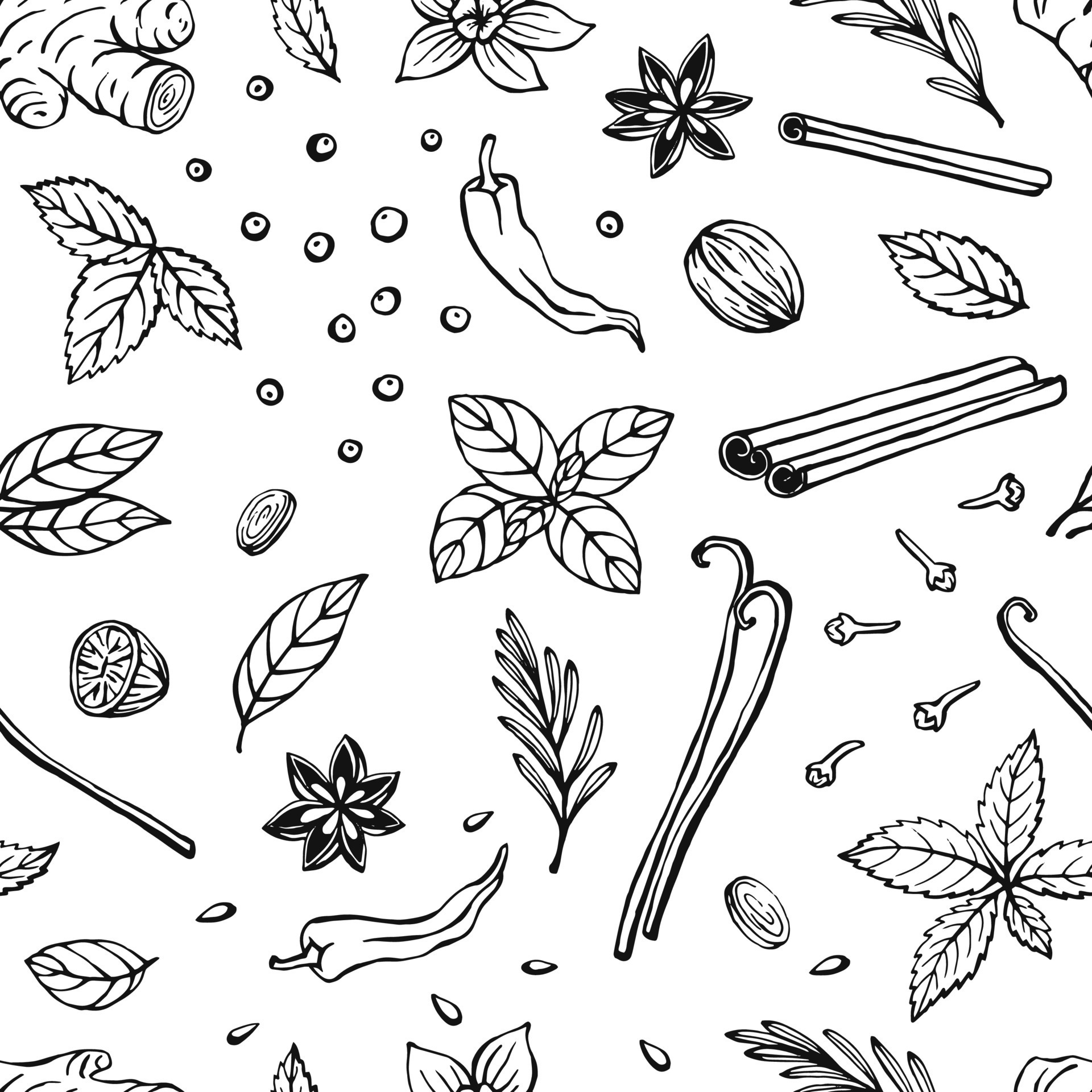 Seamless pattern with herbs and spices. Hand drawn vector illustration ... Seamless pattern with herbs and spices. Hand drawn vector illustration ...