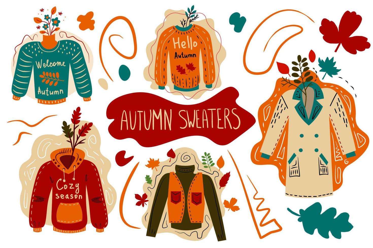 Autumn sweaters set in cartoon doodle style 10450552 Vector Art at Vecteezy