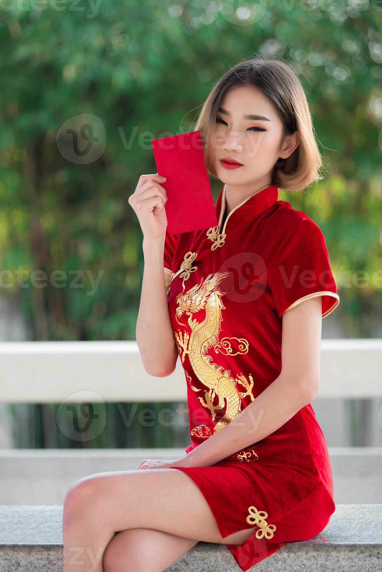 Portrait Beautiful Asian Woman In Cheongsam Dress Thailand People Happy