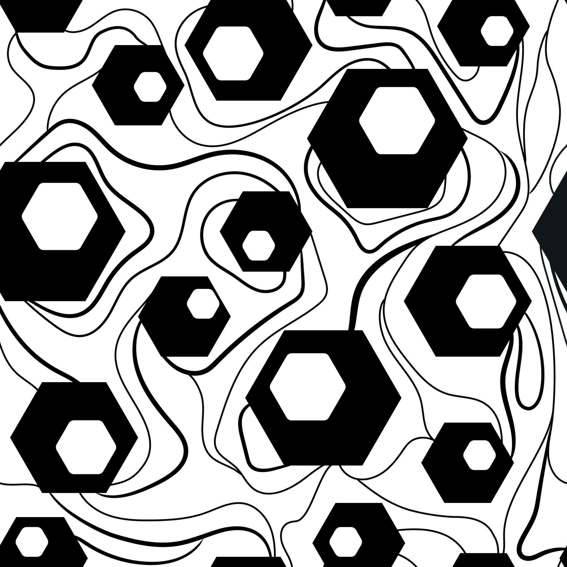 Hexagons with doodle wavy lines seamless pattern,black and white vector ...