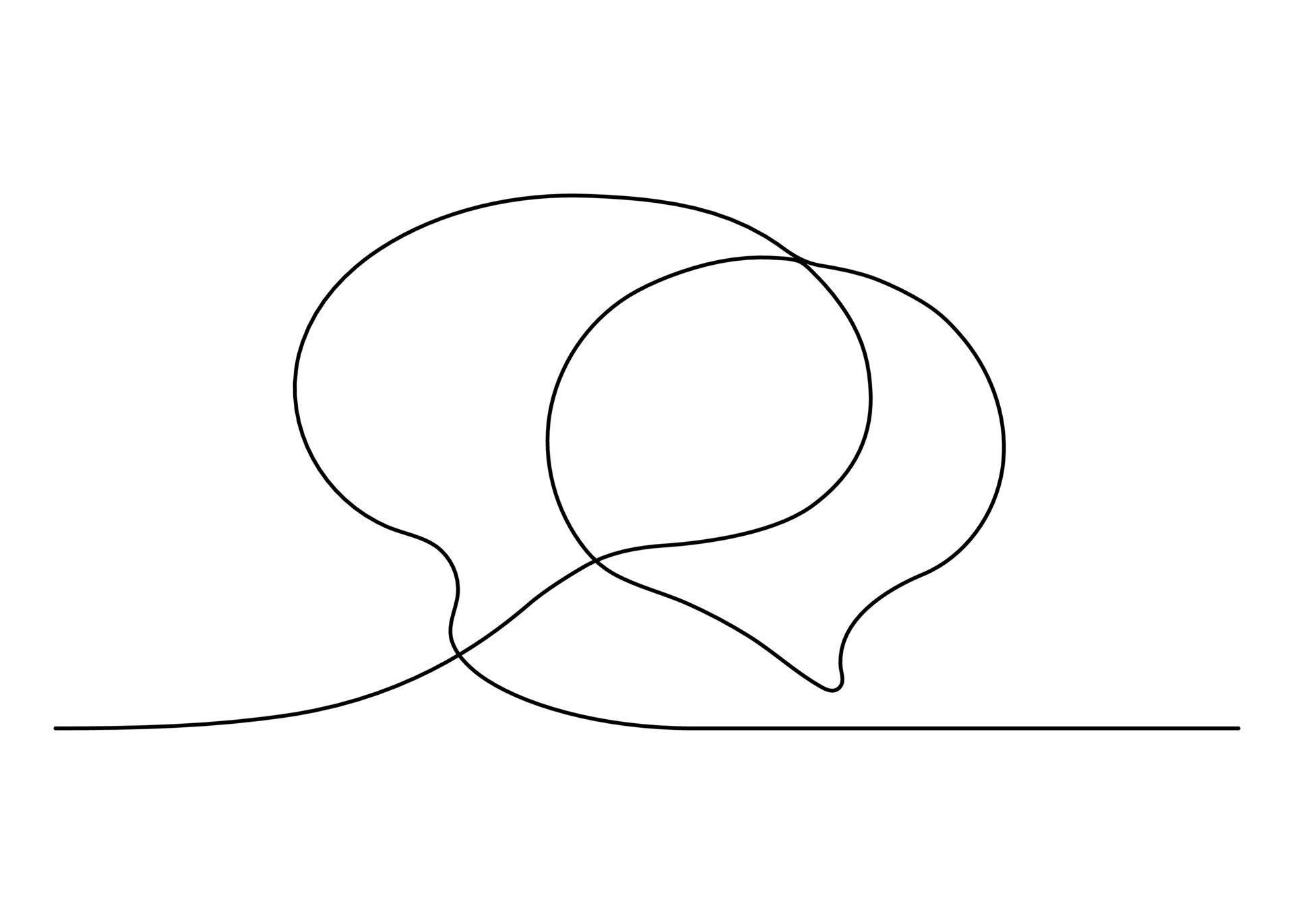 Speech bubble outline, dialog speak, continuous one line drawing. Graphics minimalist linear two ...