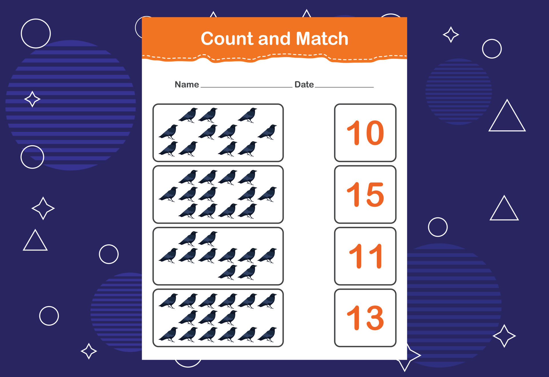 Count and match with the correct number. Count how many birds and choose the correct number ...