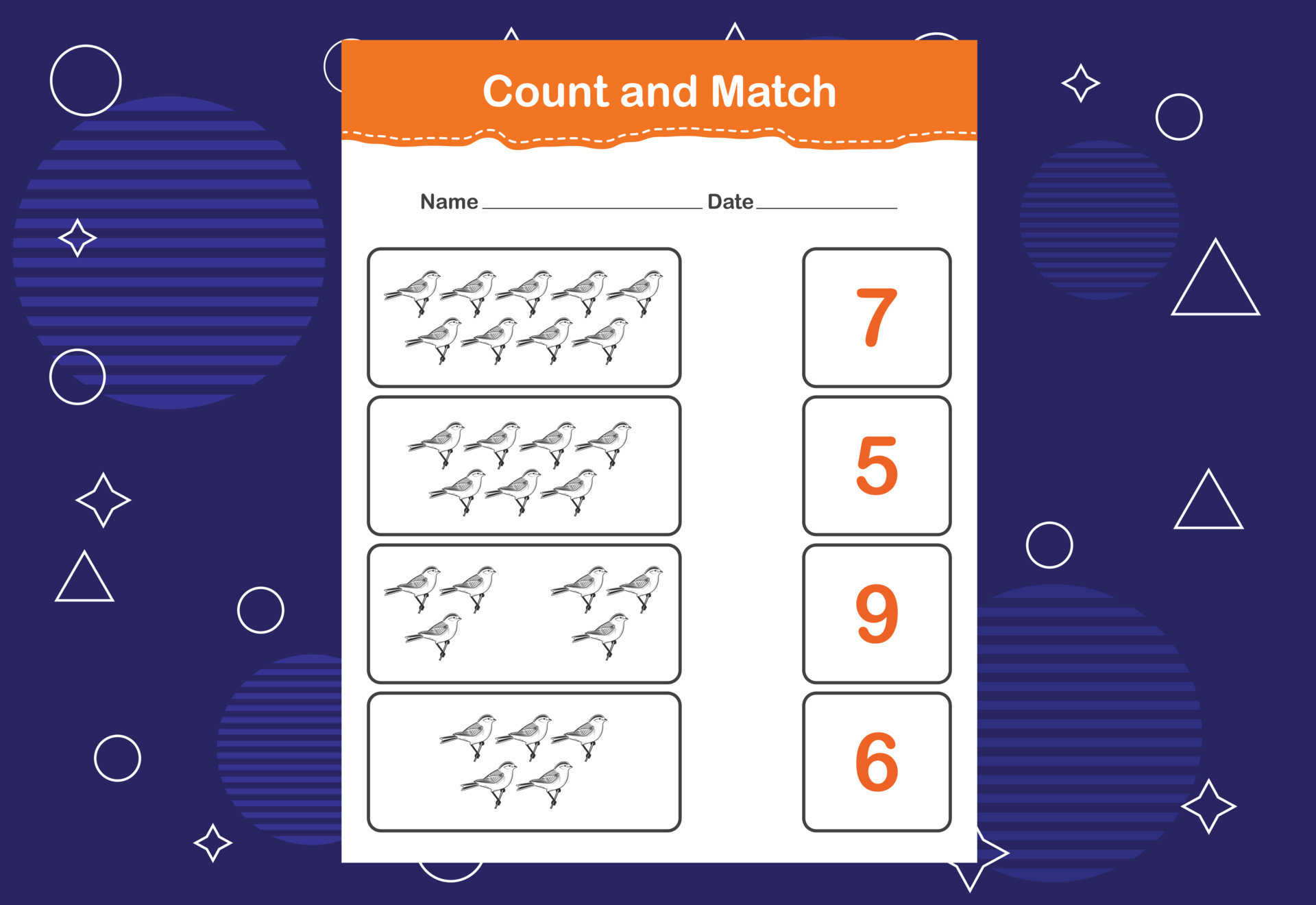 Count and match with the correct number. Count how many birds and ...