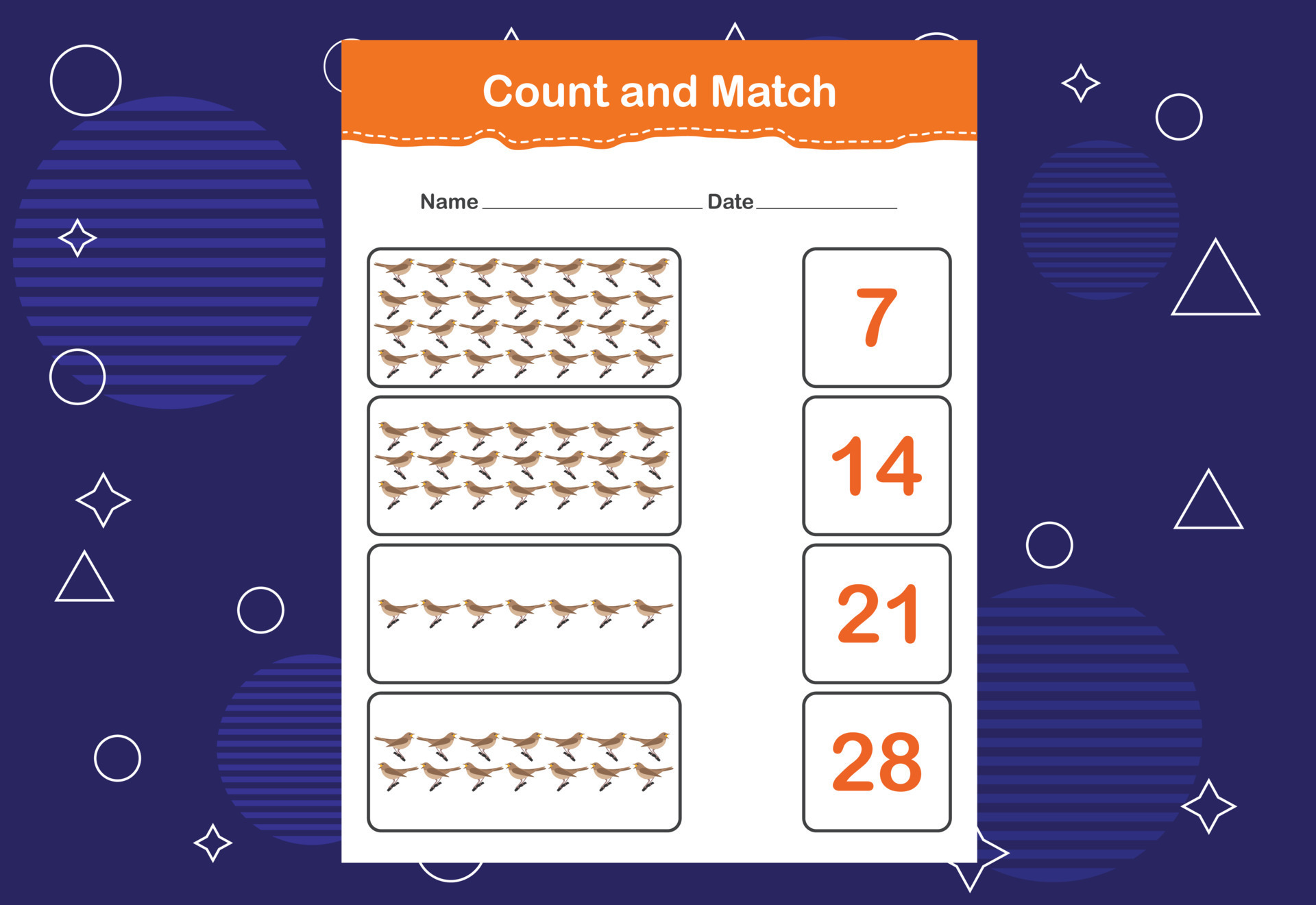 Count and match with the correct number. Count how many birds and choose the correct number ...