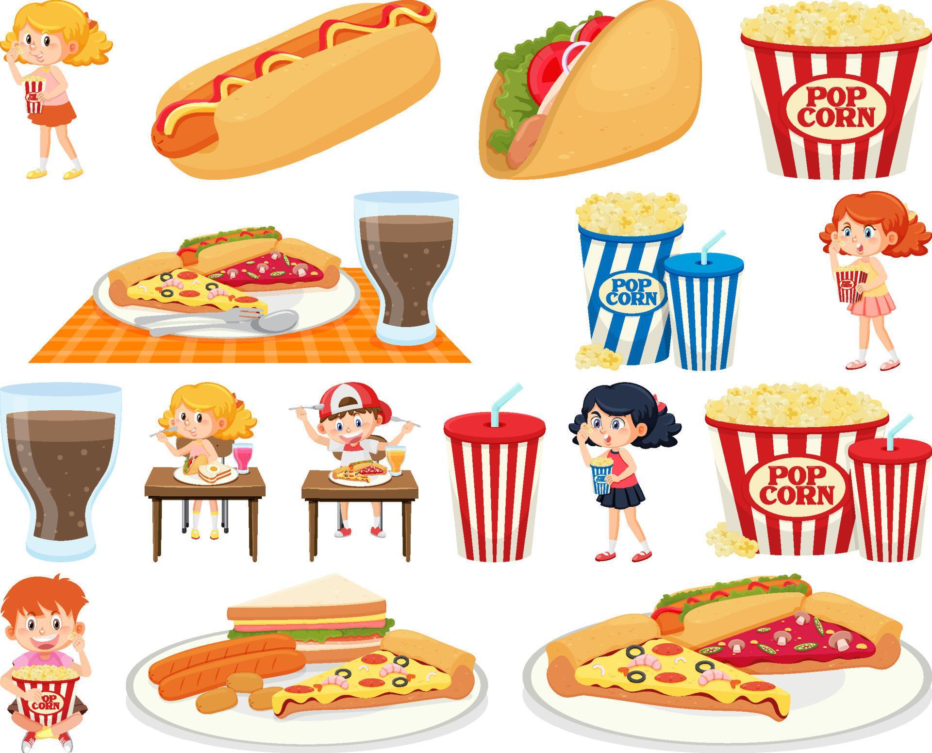 Set of different junk foods and kids 10516559 Vector Art at Vecteezy