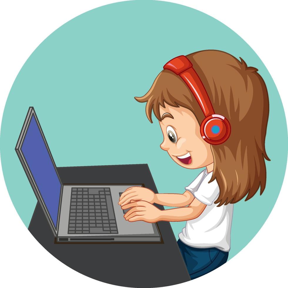 una chica usando un personaje de dibujos animados de una computadora ... una chica usando un personaje de dibujos animados de una computadora ...