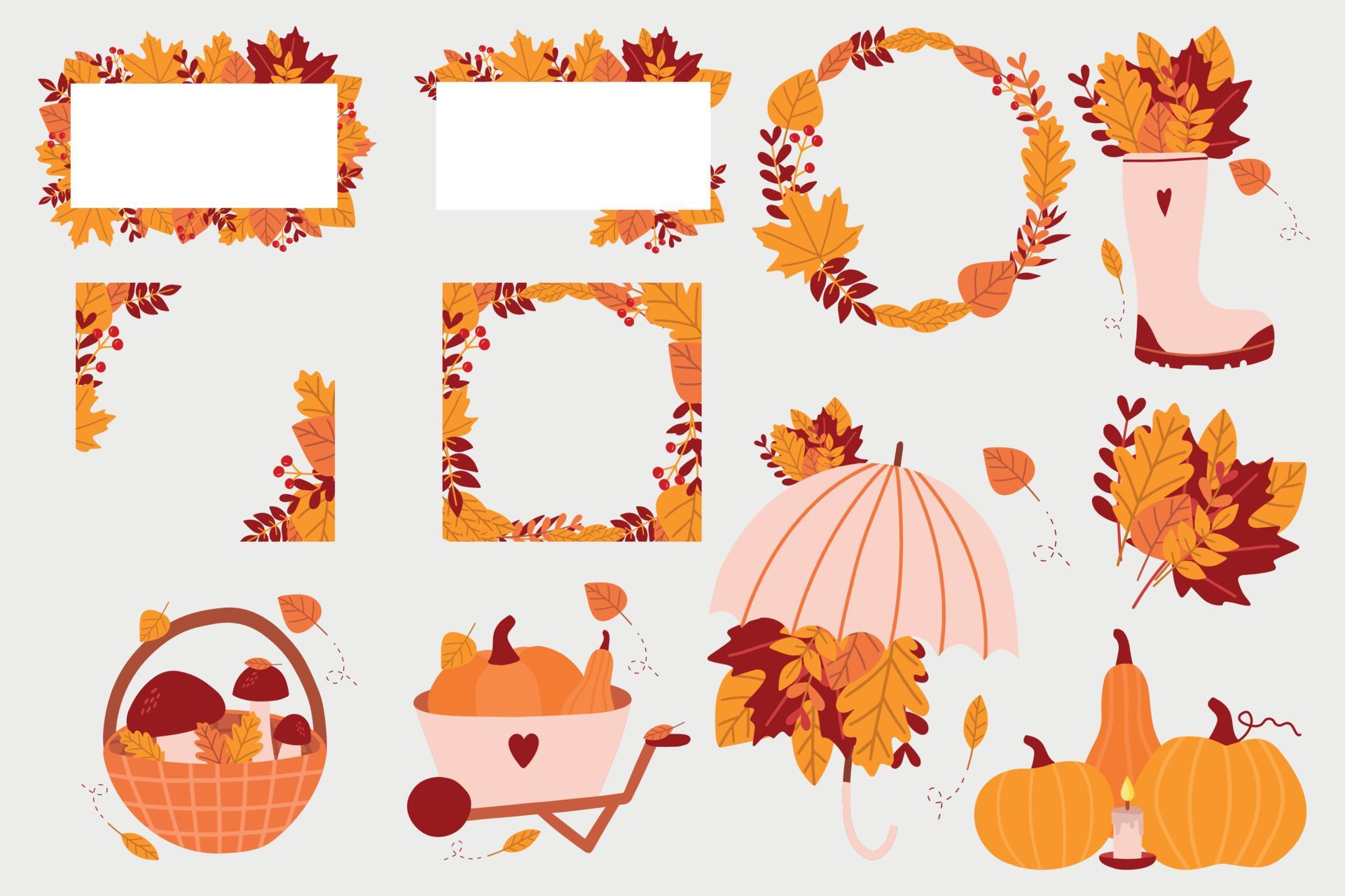 A set of cartoon elements of autumn, frames. Collection of autumn ...