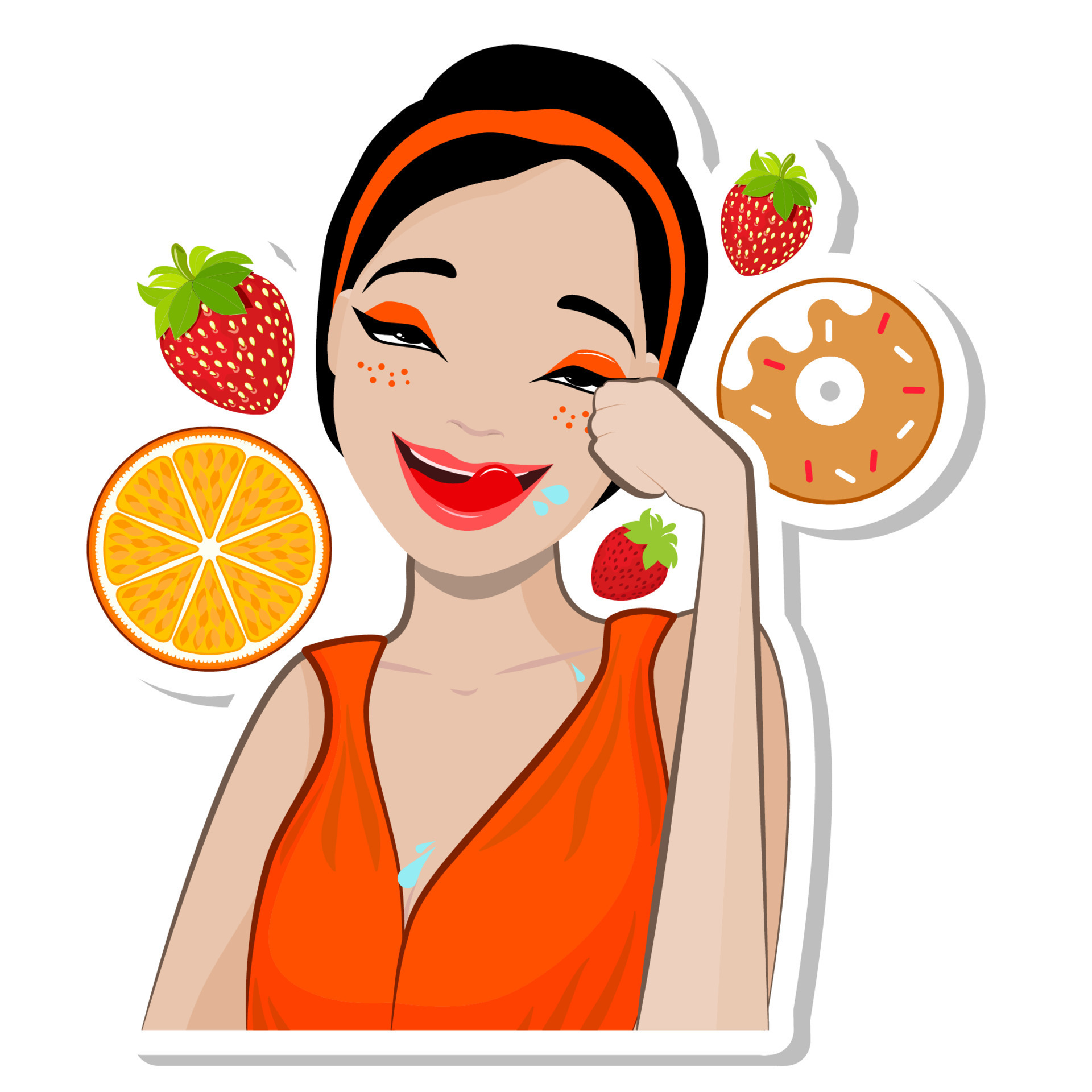 Yummy, Cartoon friendly brunette woman smiles and squeezing her eyes ... Yummy, Cartoon friendly brunette woman smiles and squeezing her eyes ...