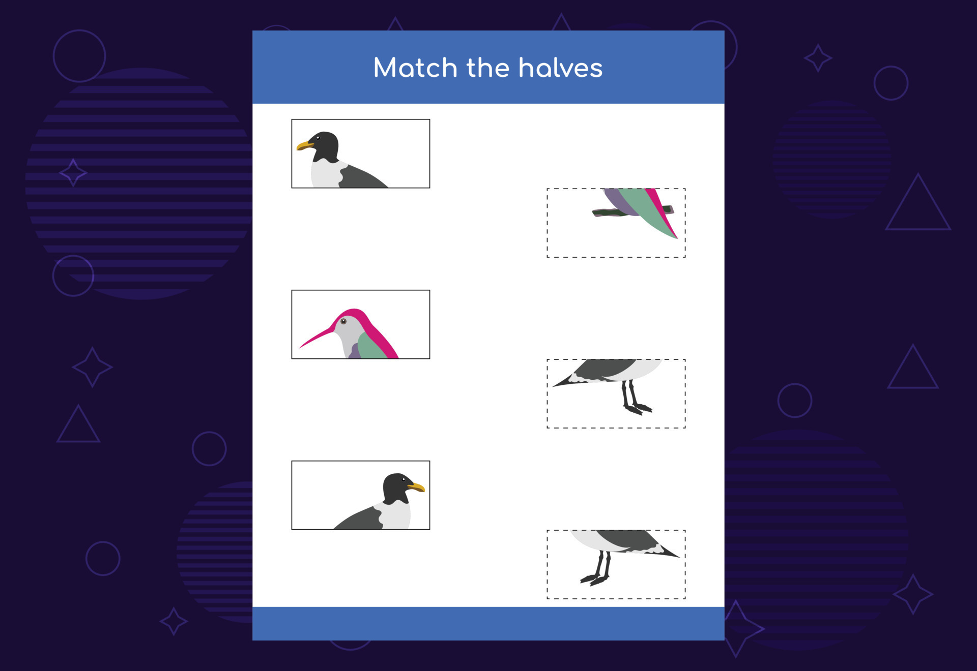 Matching game. Match halves of Birds. Educational game for children ...