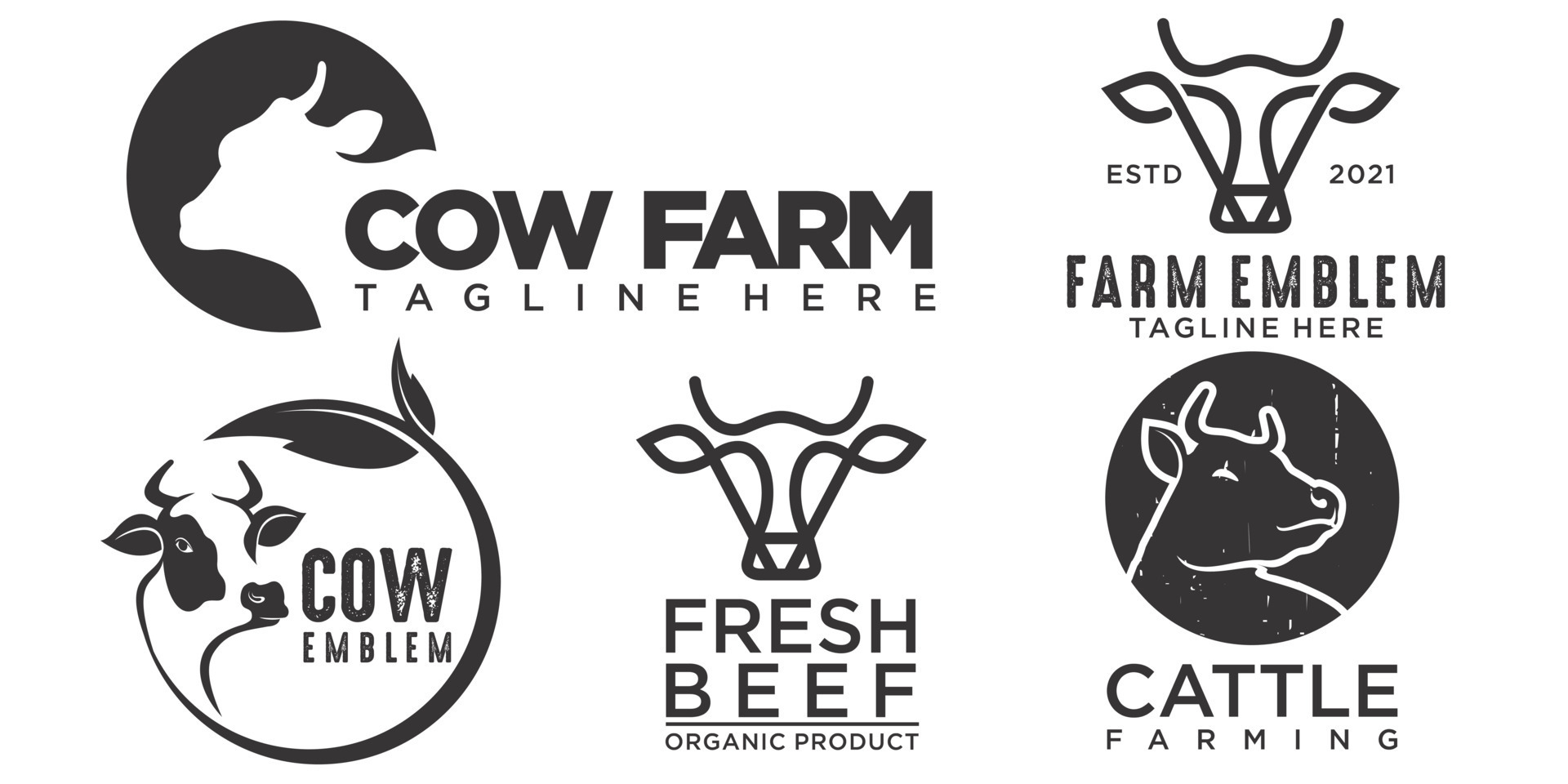 Icon Set Cow Head Silhouette Emblem Logo Label Vector Illustration