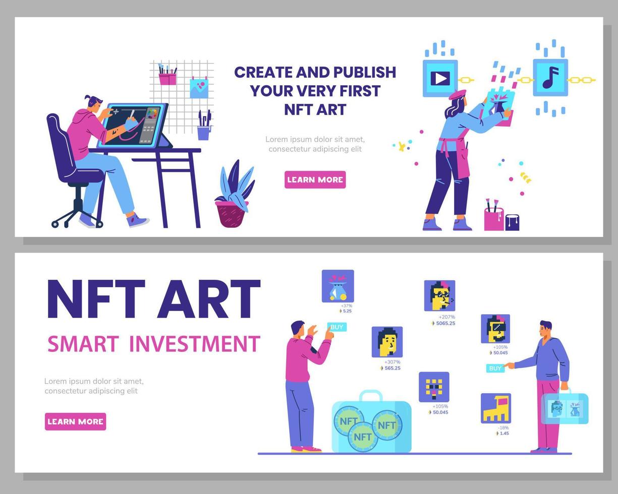 NFT non fungible token concept vector horizontal banners. People ... NFT non fungible token concept vector horizontal banners. People ...
