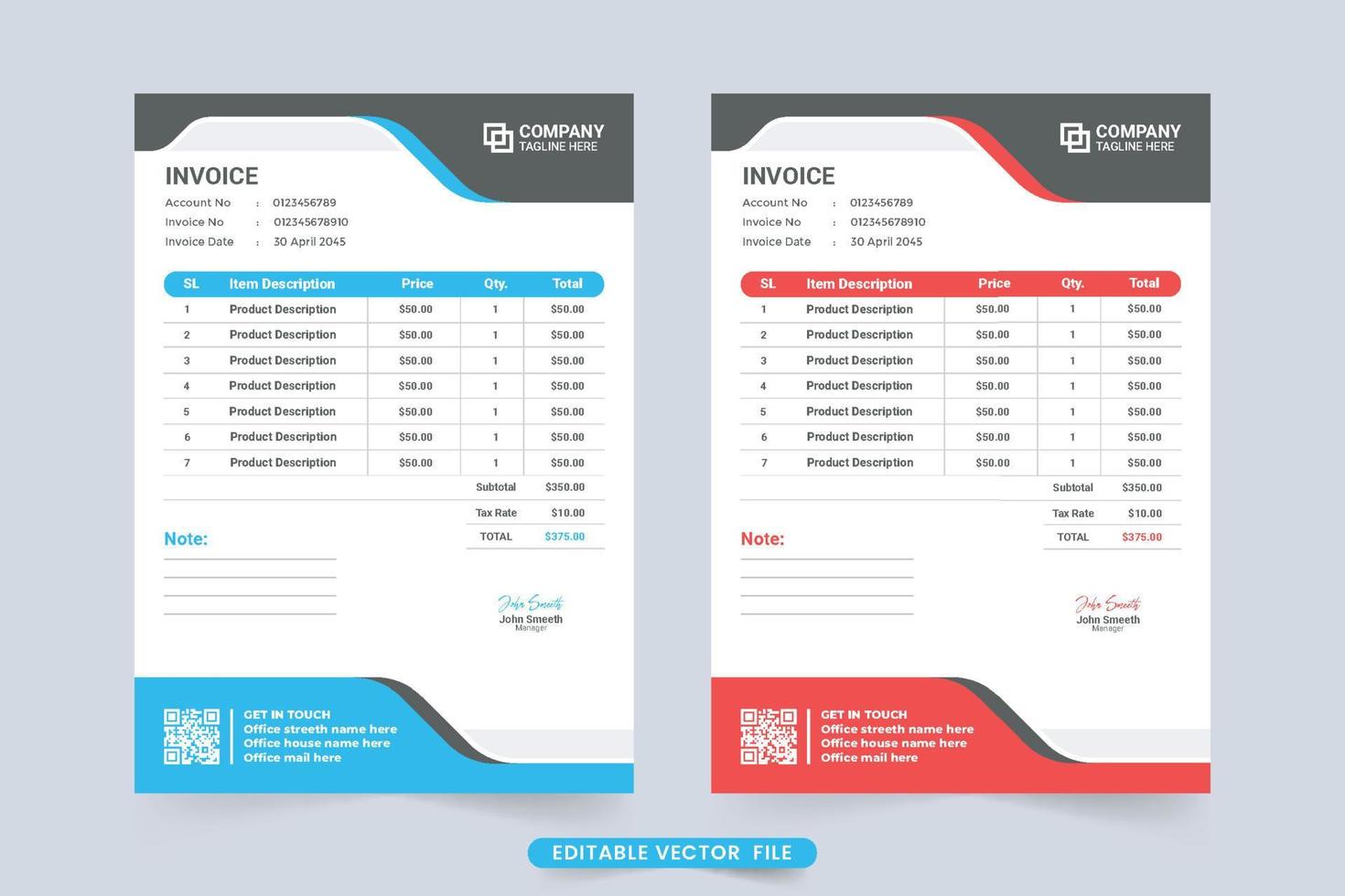 Print Ready Modern Invoice Template Vector With Red And Blue Colors