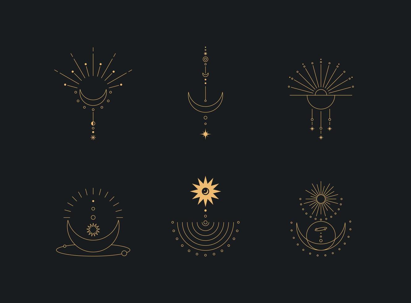 Set Of Moon And Sun Line Art Minimal Boho Linear Symbols Celestial Mystic Element Vector Line