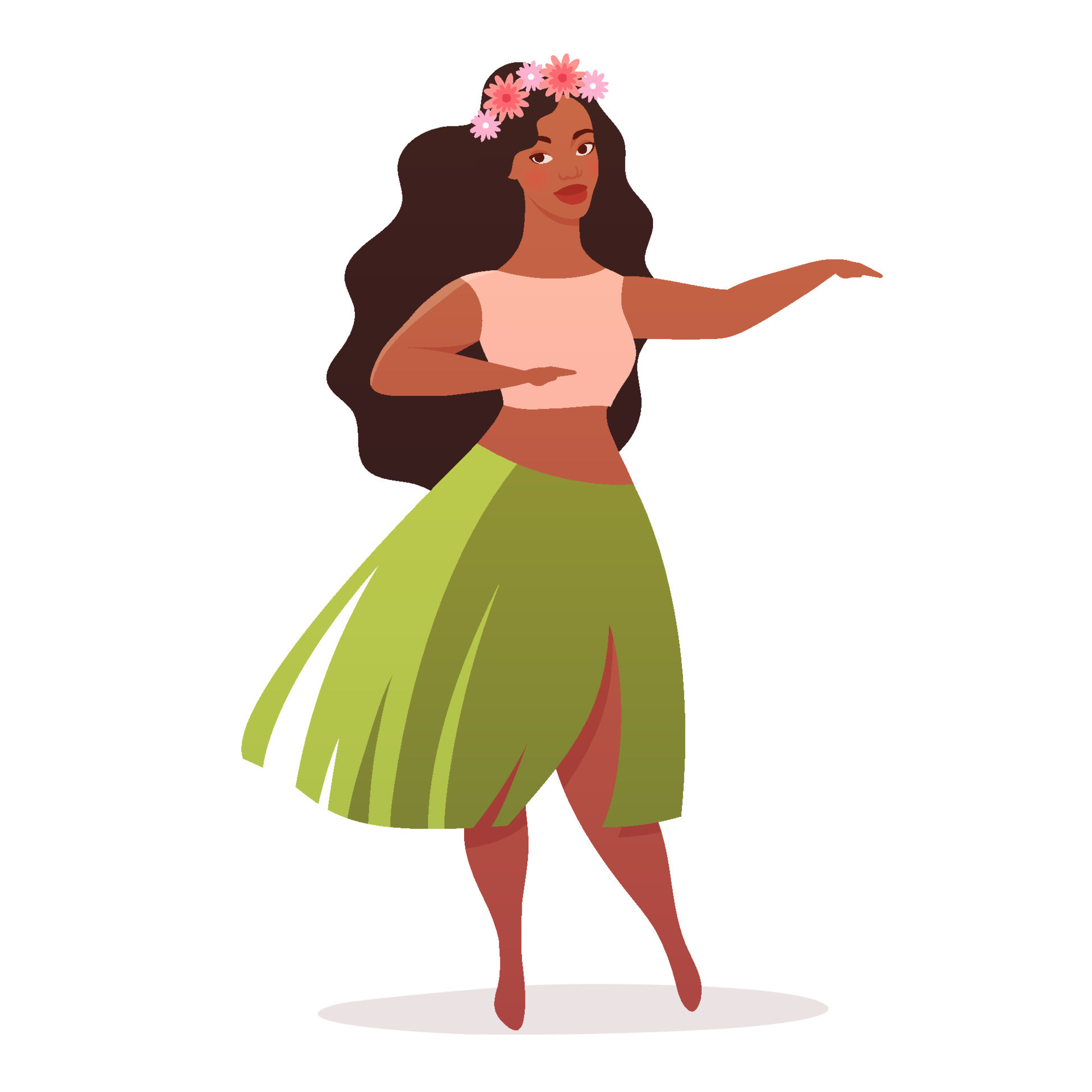 Young Woman Hula Dancer In Traditional Hawaiian Skirt And Floral Wreath On Her Head Vector